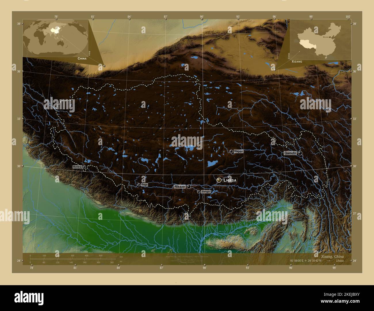 Xizang, autonomous region of China. Colored elevation map with lakes ...