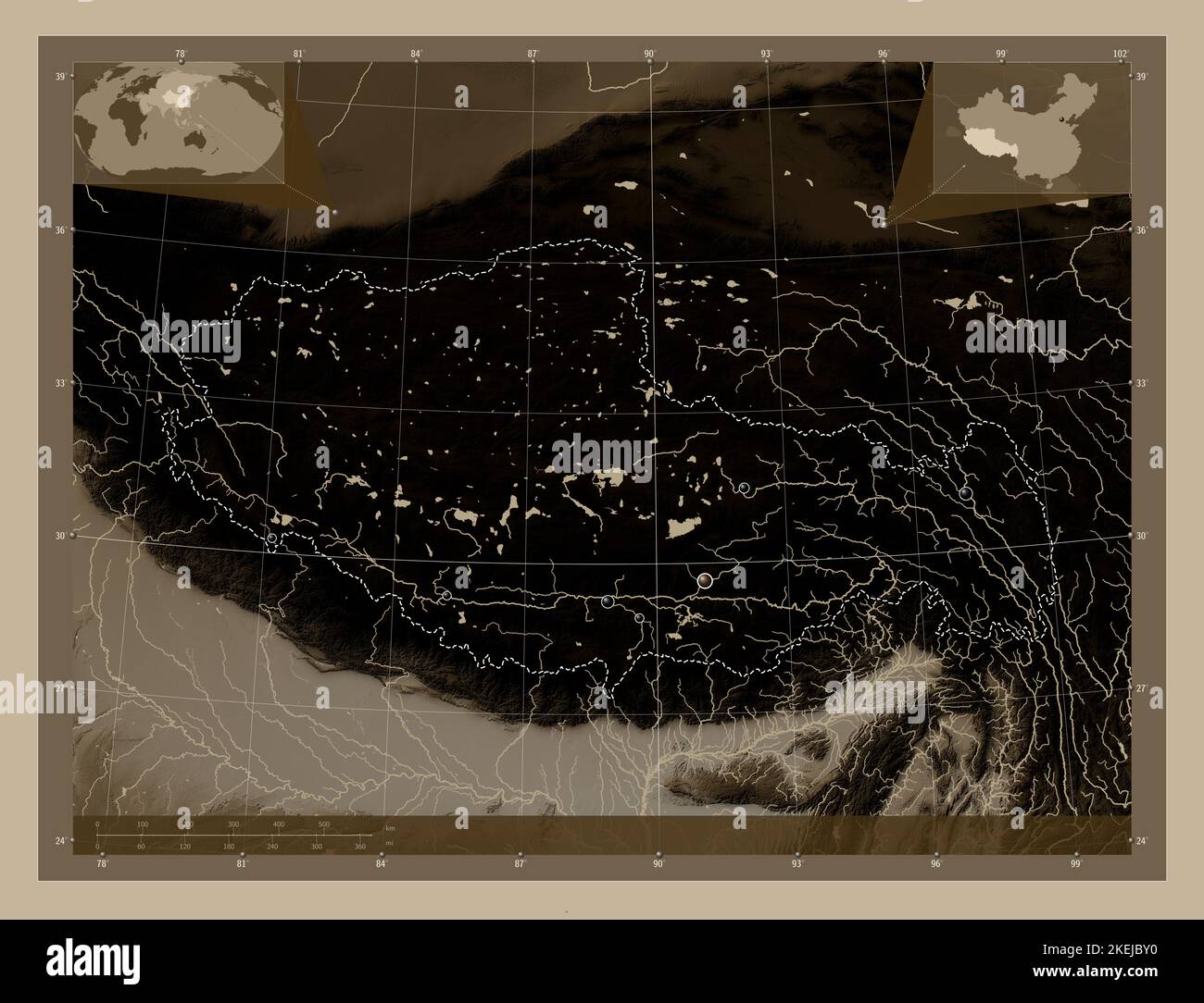 Xizang, autonomous region of China. Elevation map colored in sepia ...