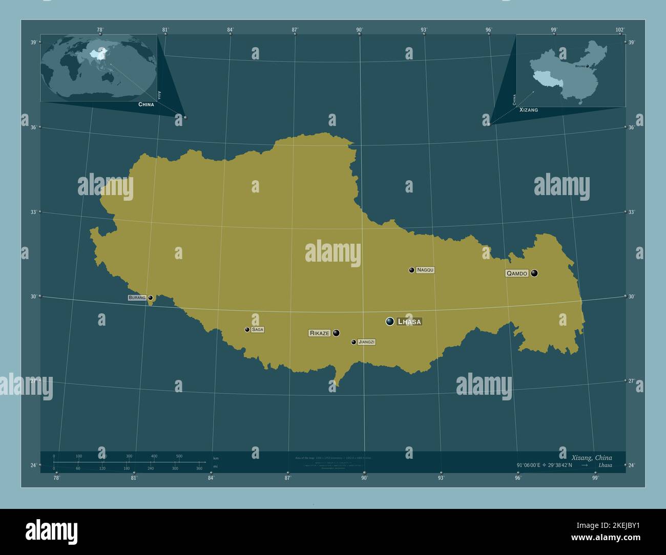 Xizang, autonomous region of China. Solid color shape. Locations and ...