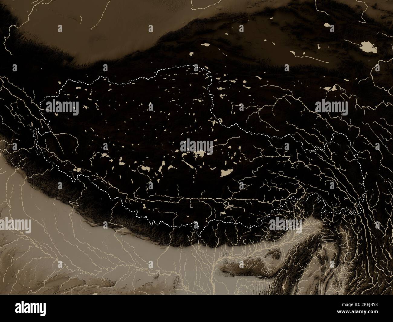 Xizang, autonomous region of China. Elevation map colored in sepia ...