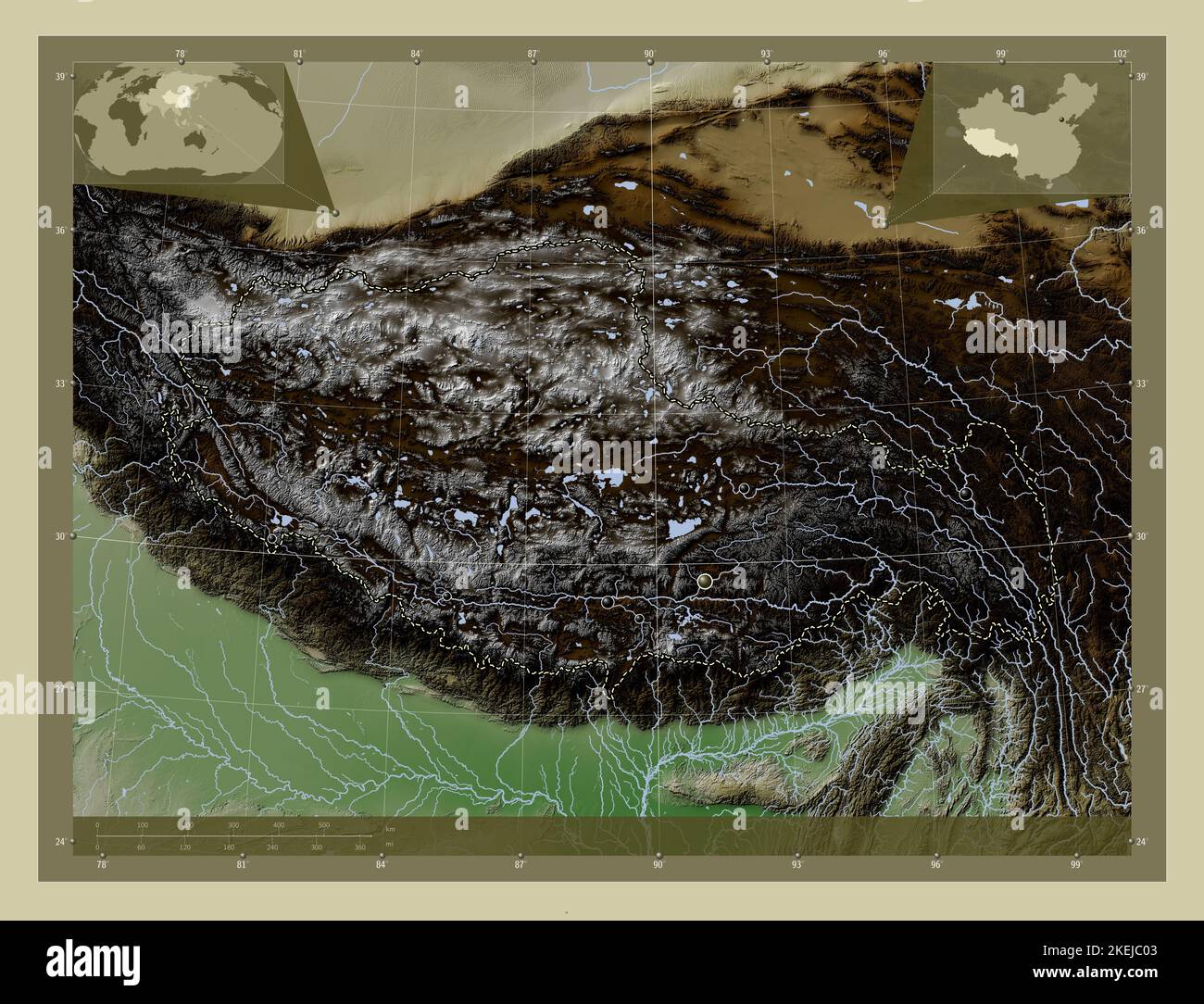 Xizang, autonomous region of China. Elevation map colored in wiki style ...