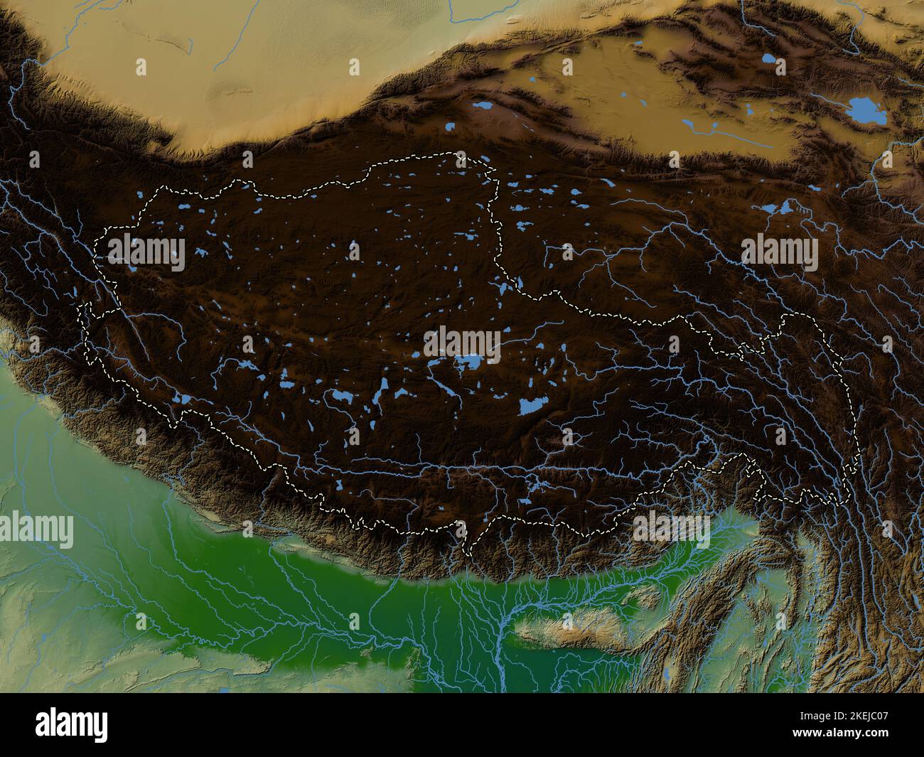 Xizang, autonomous region of China. Colored elevation map with lakes ...