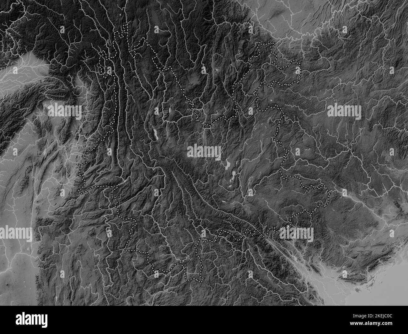 Yunnan, province of China. Grayscale elevation map with lakes and ... Yunnan, province of China. Grayscale elevation map with lakes and ...