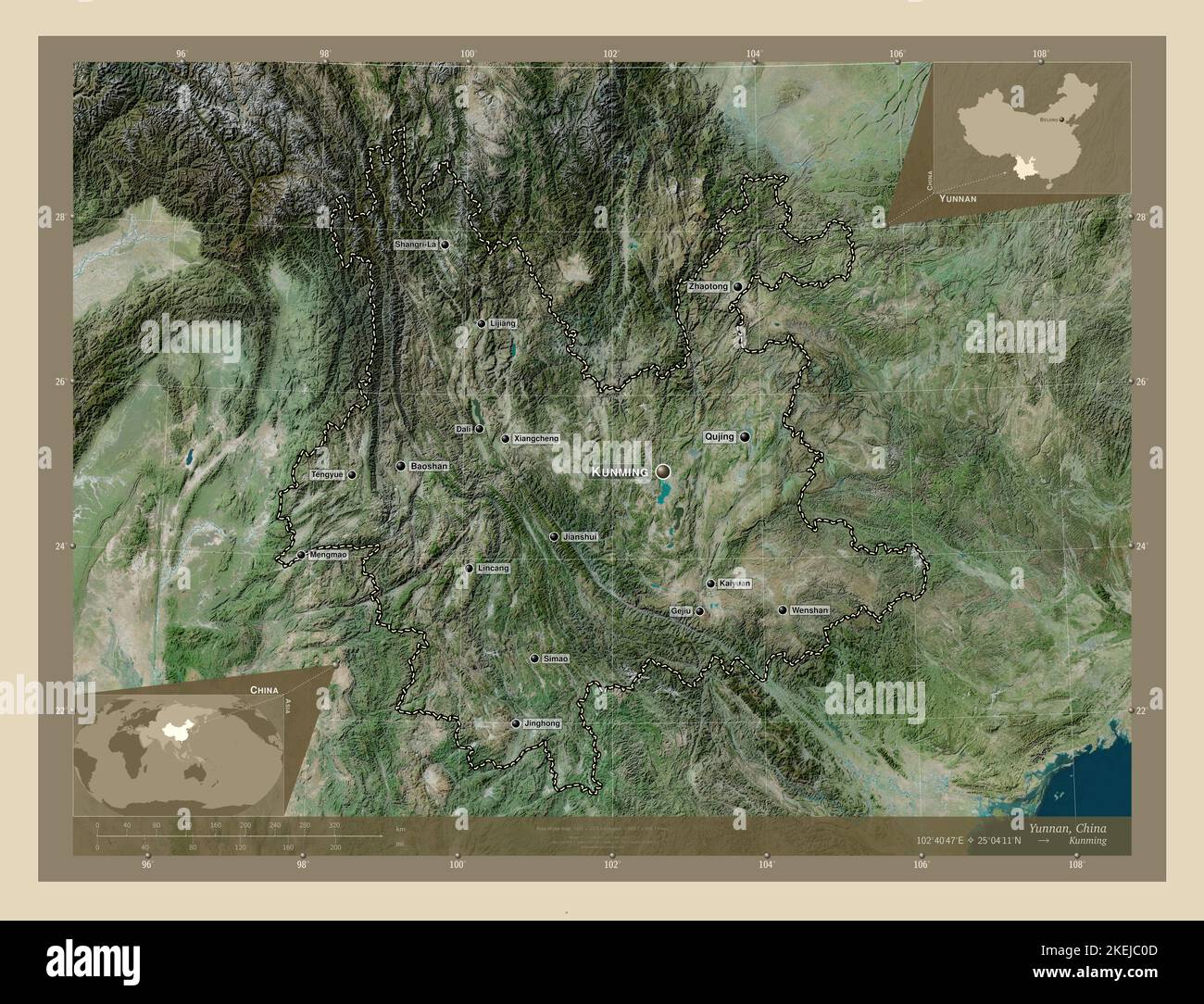 Yunnan, province of China. High resolution satellite map. Locations and ...