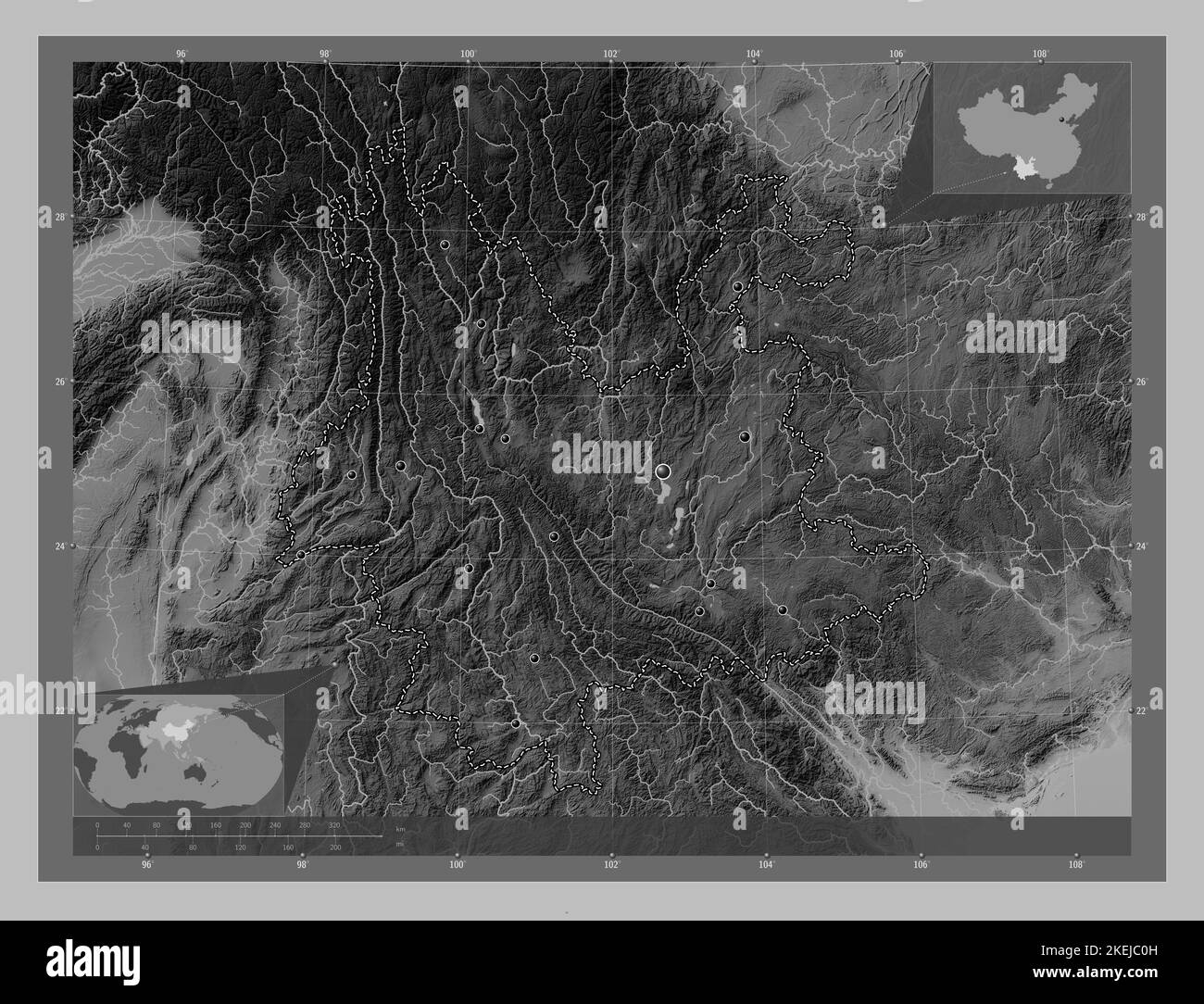 Yunnan, province of China. Grayscale elevation map with lakes and ...