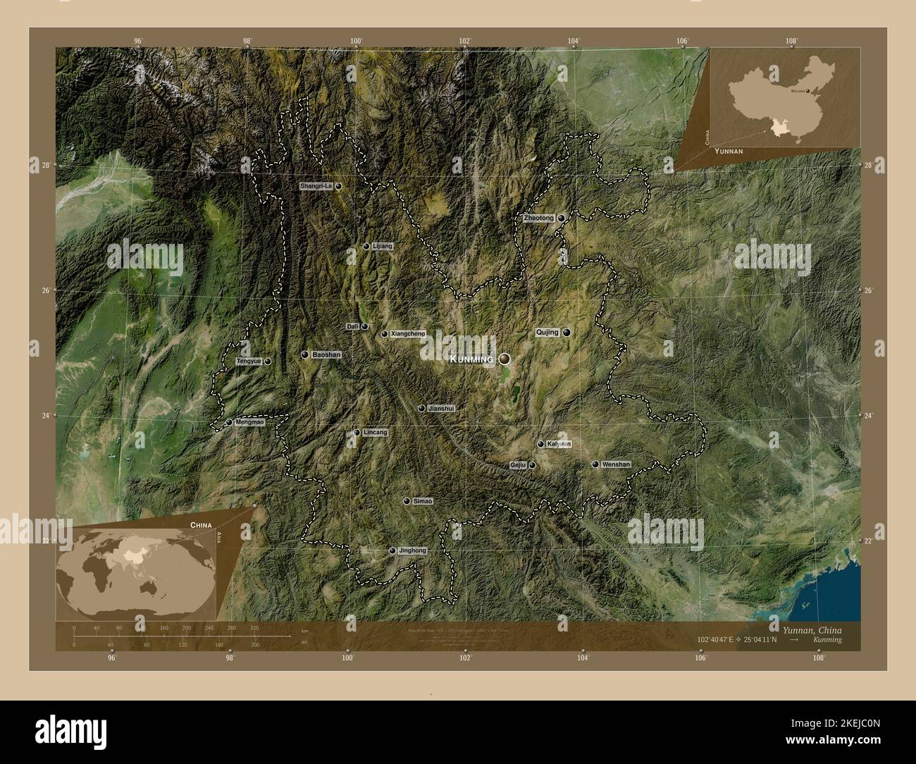 Yunnan, province of China. Low resolution satellite map. Locations and ...