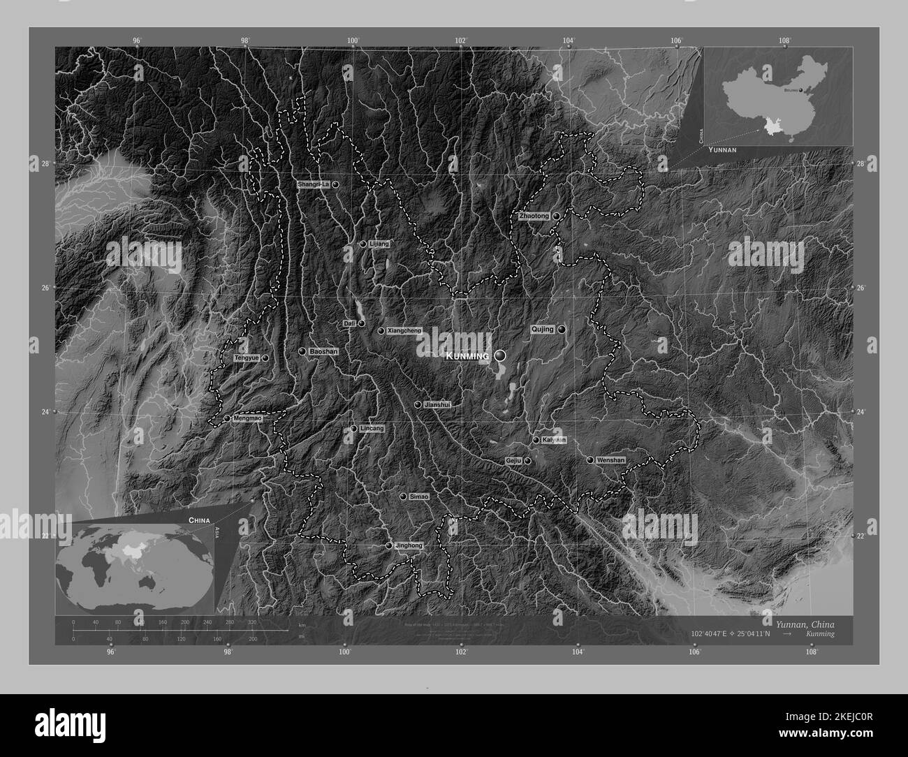 Yunnan, province of China. Grayscale elevation map with lakes and ...