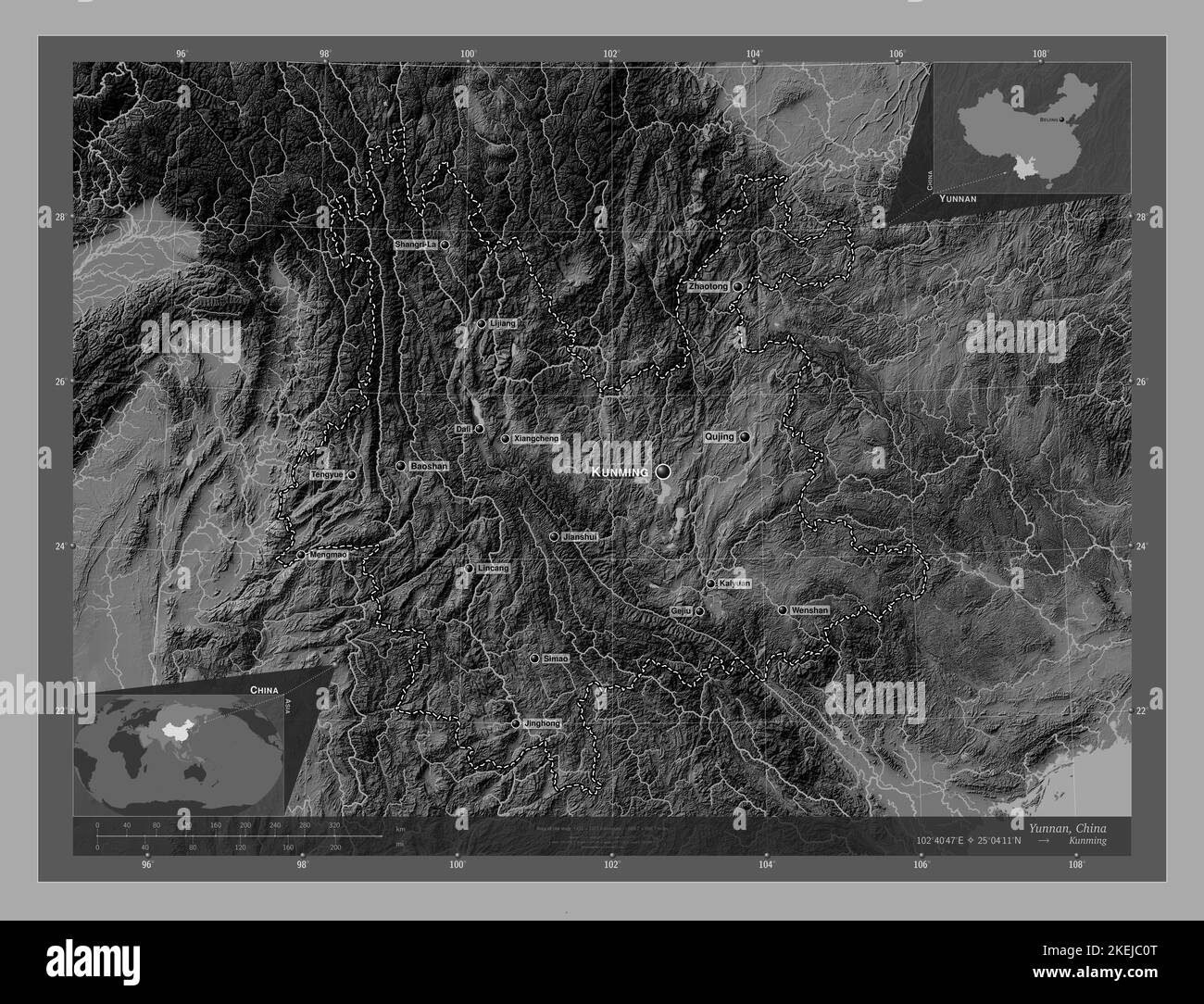 Yunnan, province of China. Bilevel elevation map with lakes and rivers ...