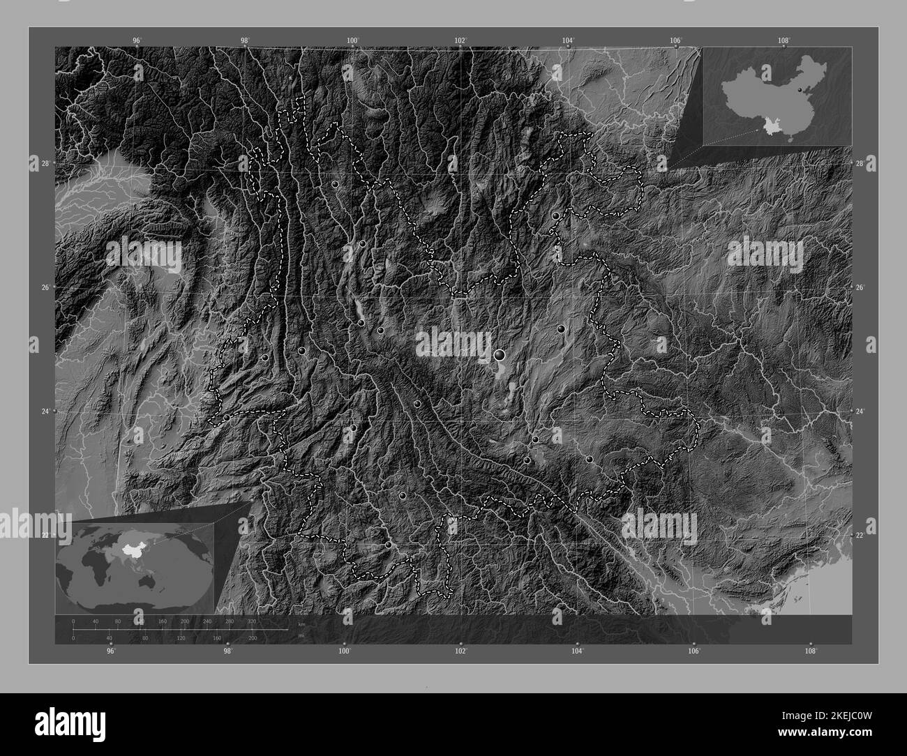 Yunnan, province of China. Bilevel elevation map with lakes and rivers ...