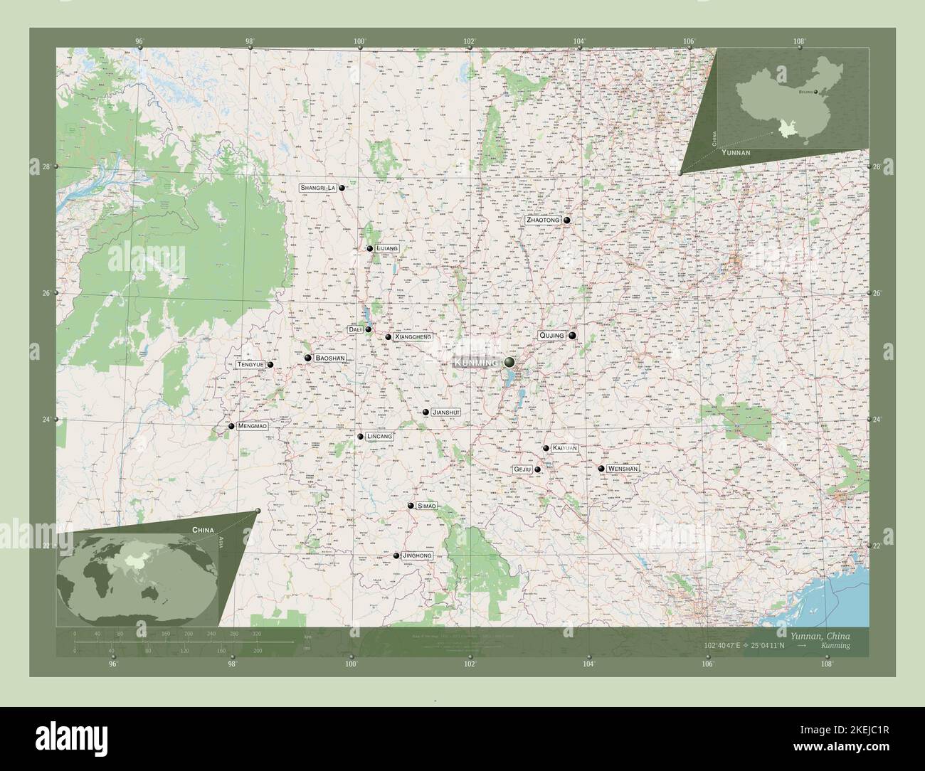 Yunnan, province of China. Open Street Map. Locations and names of ...