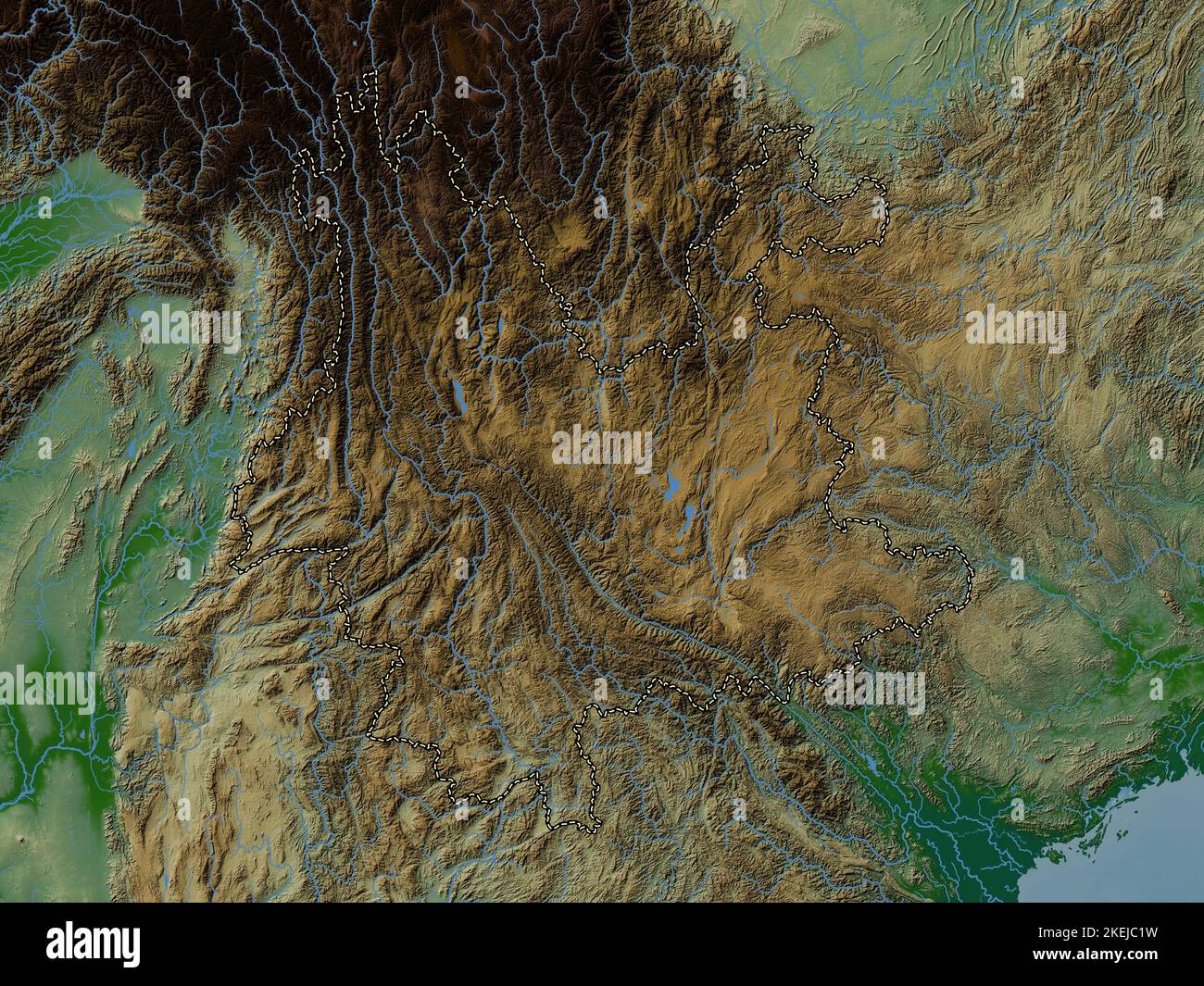 Yunnan, province of China. Colored elevation map with lakes and rivers ...