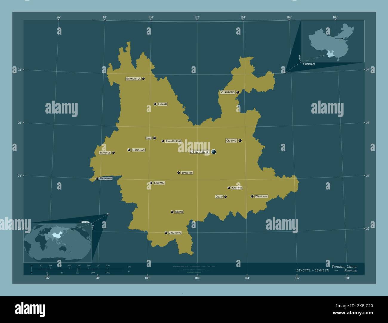Yunnan, province of China. Solid color shape. Locations and names of ...