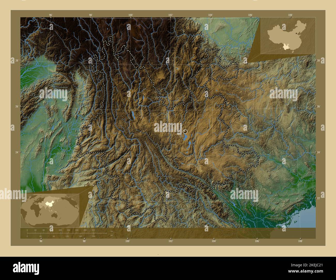 Yunnan, province of China. Colored elevation map with lakes and rivers ...