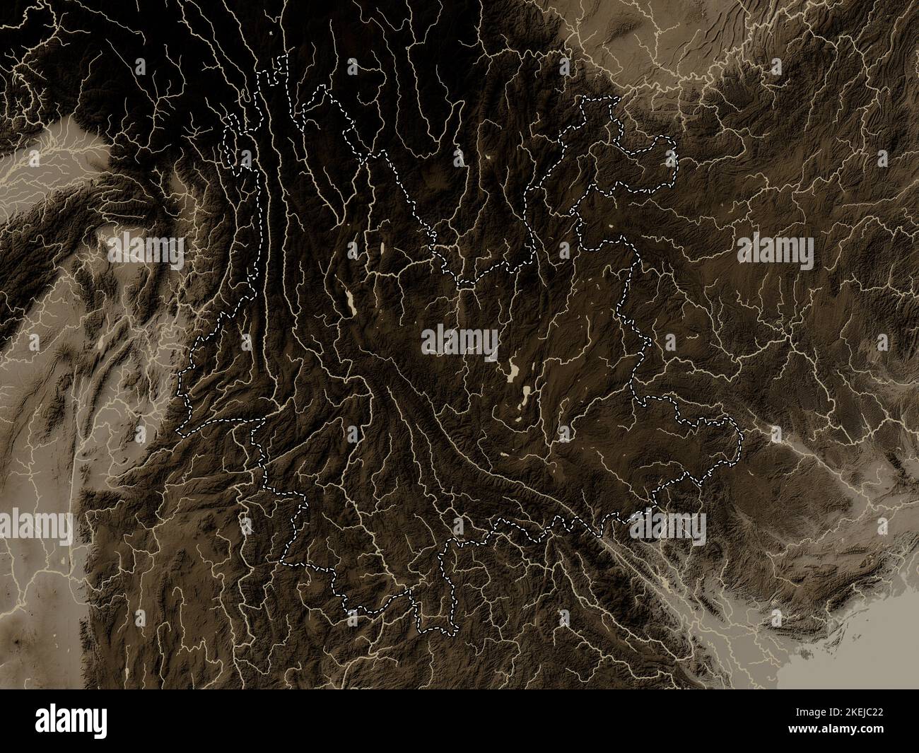 Yunnan, province of China. Elevation map colored in sepia tones with ...