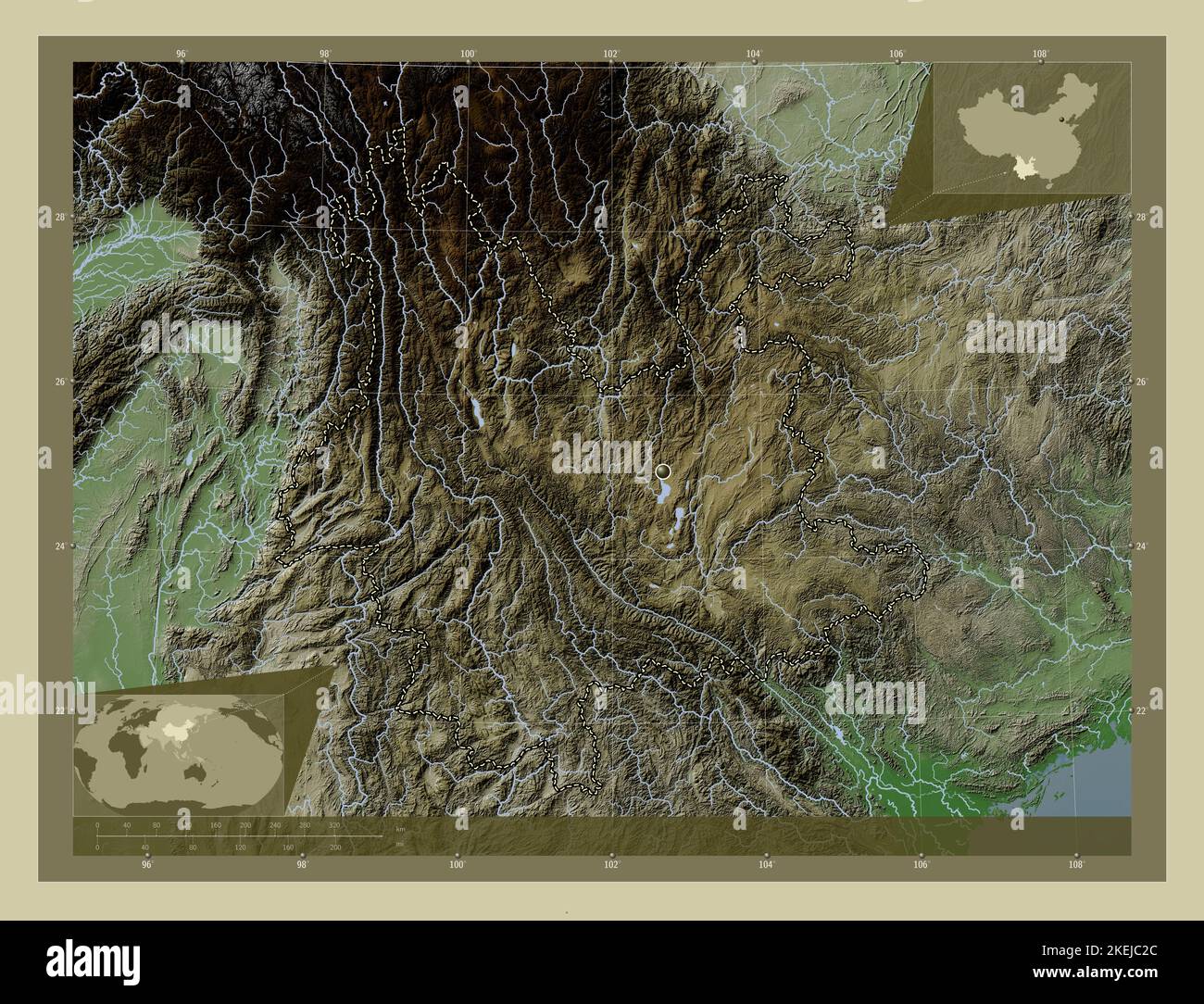 Yunnan, province of China. Elevation map colored in wiki style with ...