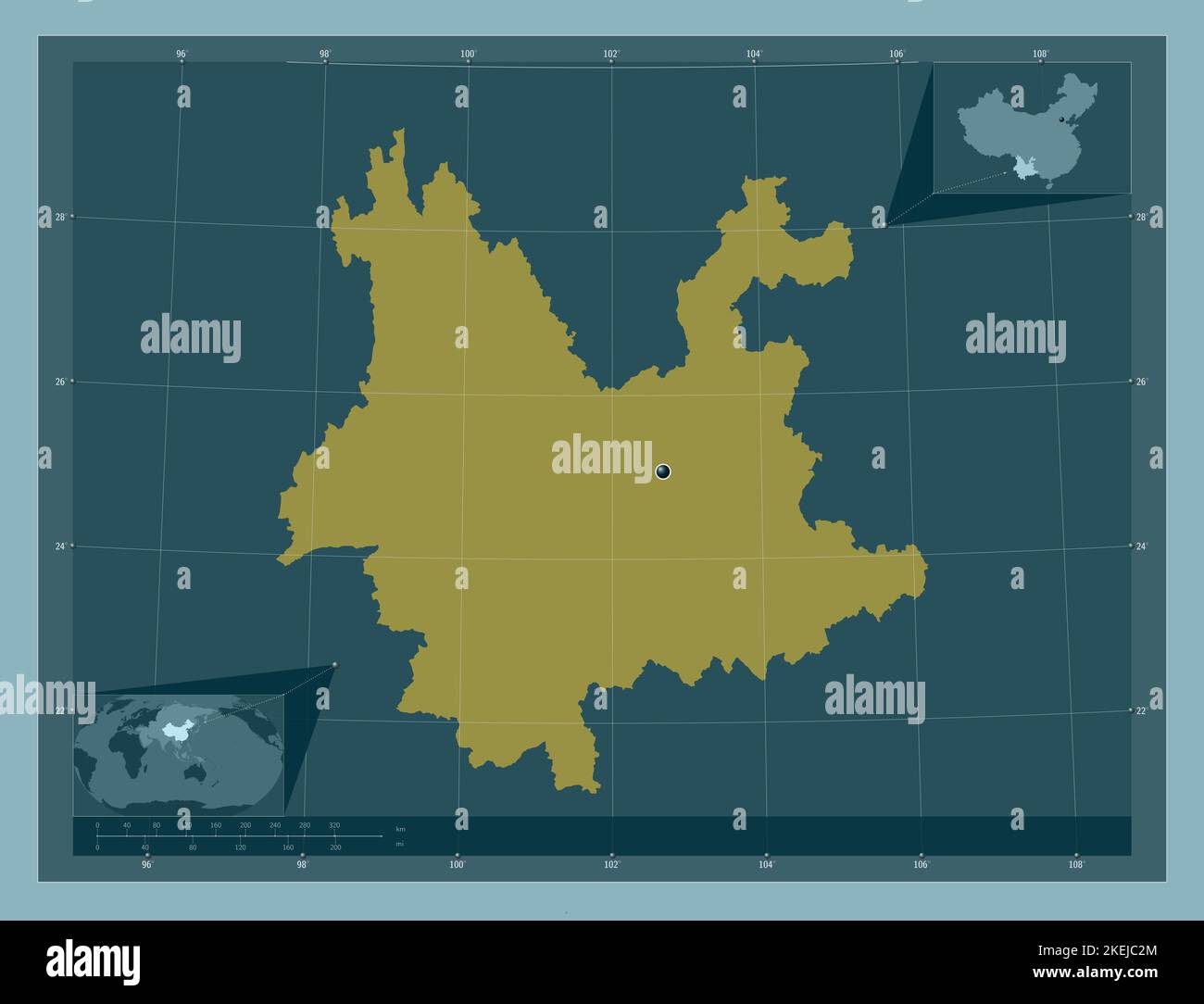Yunnan, province of China. Solid color shape. Corner auxiliary location ...