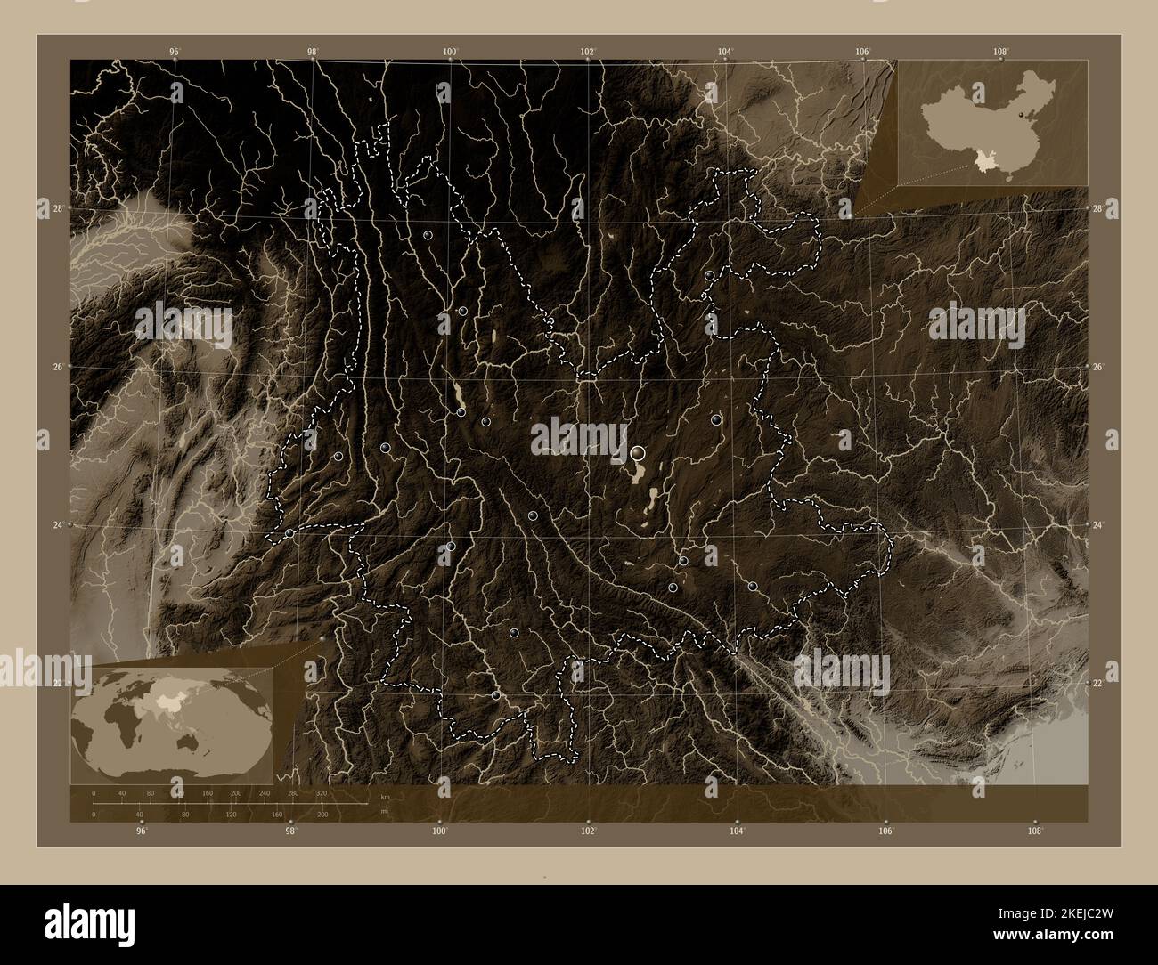 Yunnan, province of China. Elevation map colored in sepia tones with ...