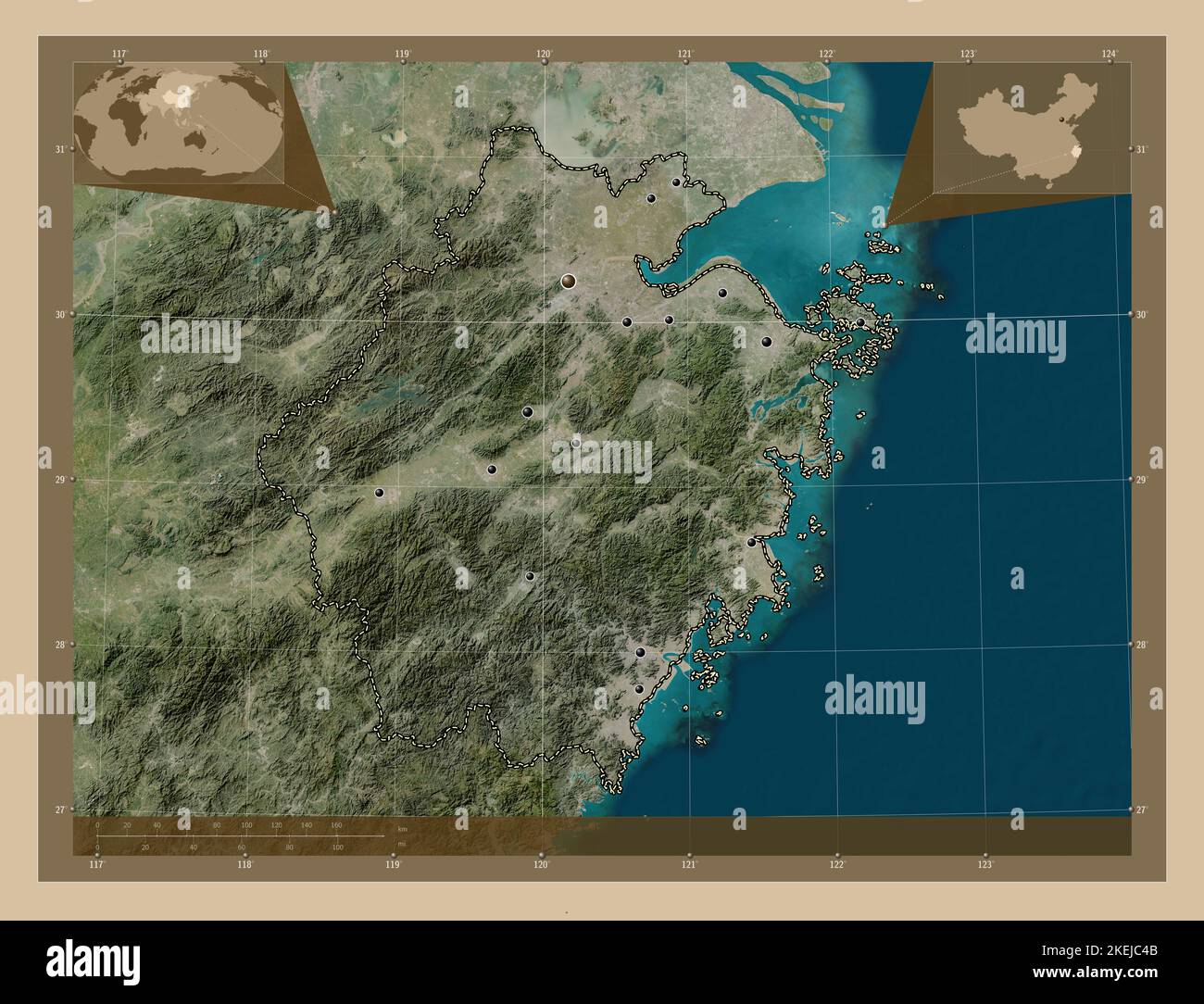 Zhejiang, province of China. Low resolution satellite map. Locations of ...