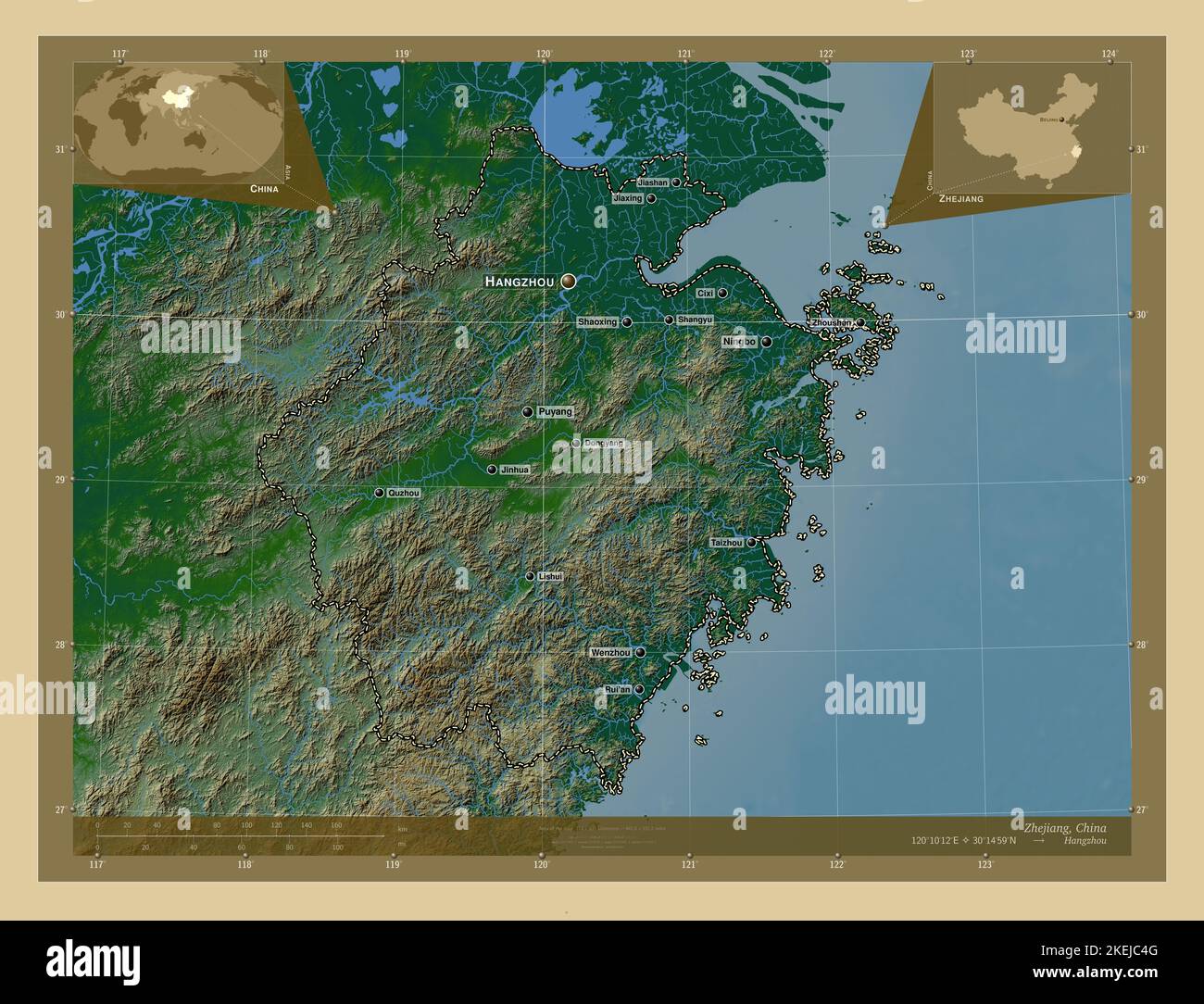 Zhejiang, province of China. Colored elevation map with lakes and ...
