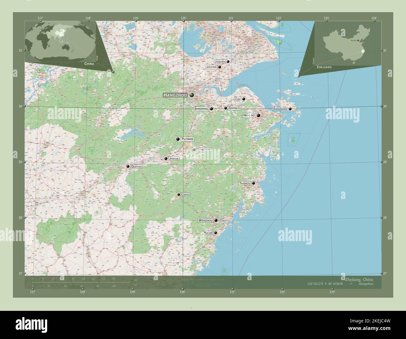 Zhejiang, province of China. Open Street Map. Locations and names of ...