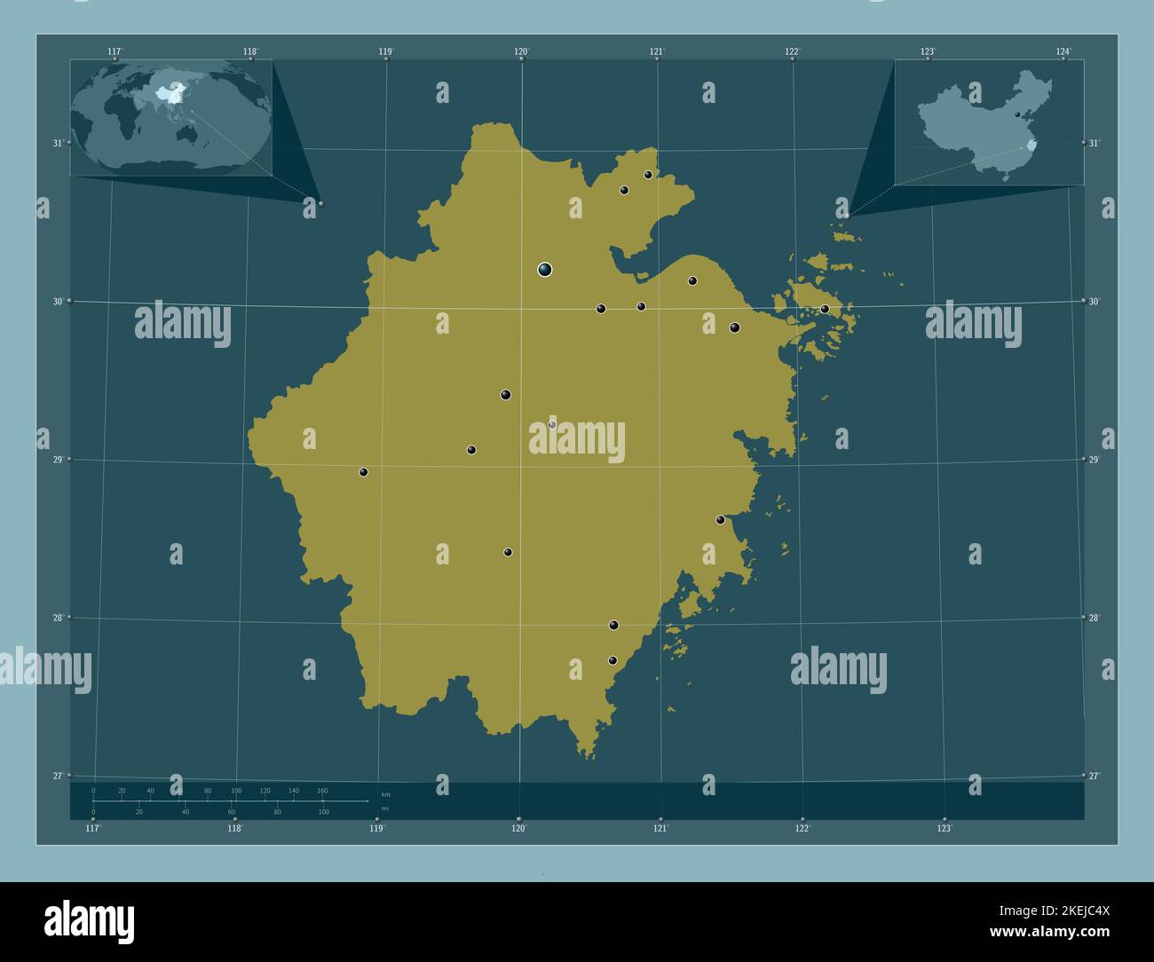 Zhejiang, province of China. Solid color shape. Locations of major ...
