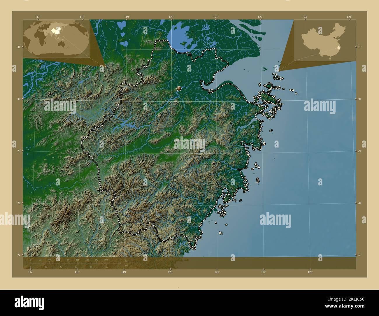 Zhejiang, province of China. Colored elevation map with lakes and ...