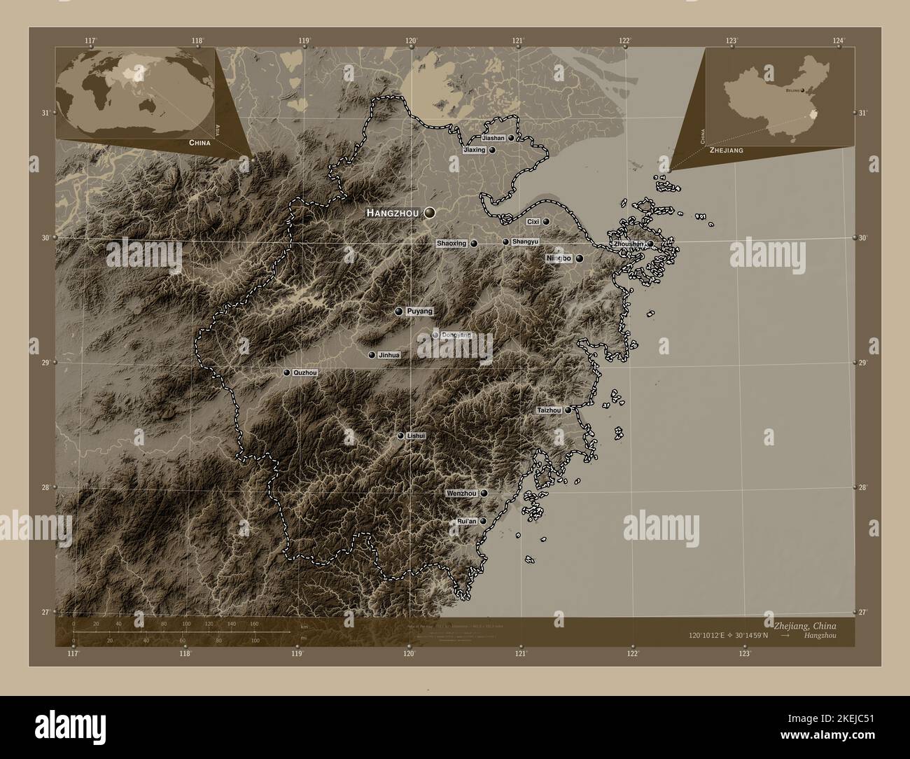 Zhejiang, province of China. Elevation map colored in sepia tones with ...