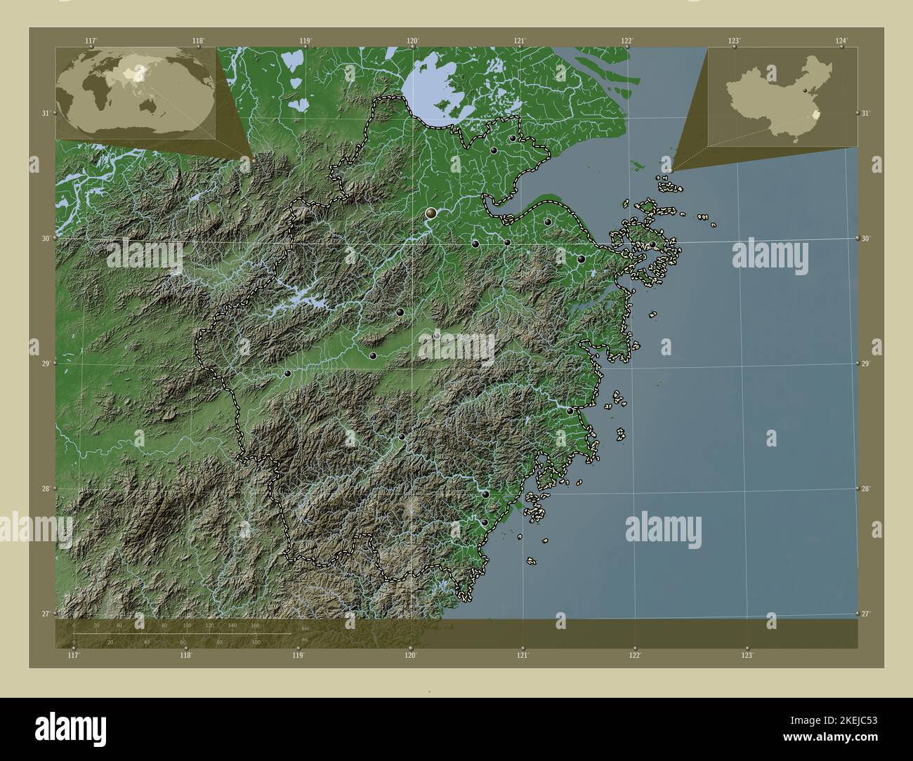 Zhejiang, province of China. Elevation map colored in wiki style with ...