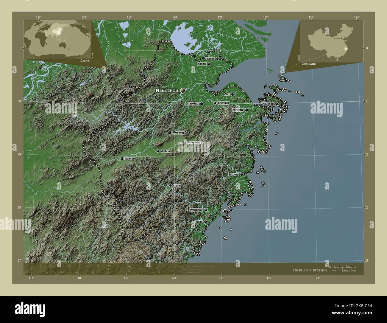 Zhejiang, province of China. Elevation map colored in wiki style with ...