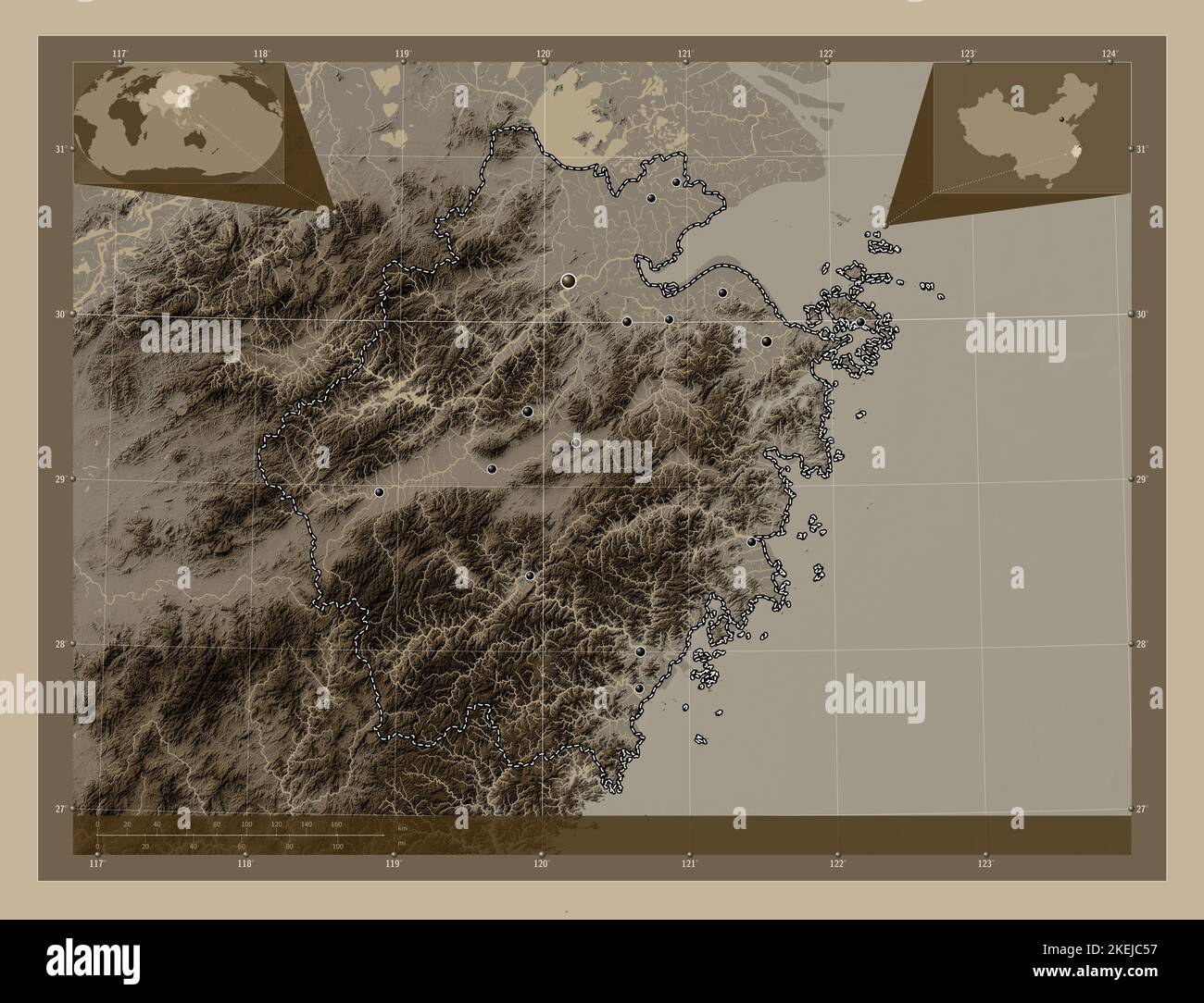 Zhejiang, province of China. Elevation map colored in sepia tones with ...