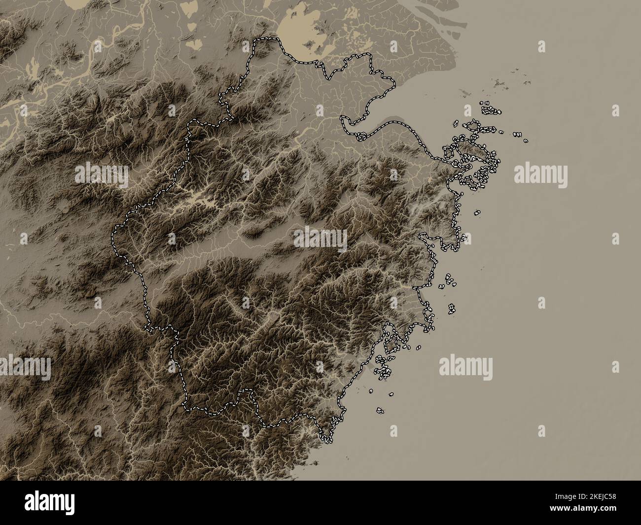 Zhejiang, province of China. Elevation map colored in sepia tones with ...