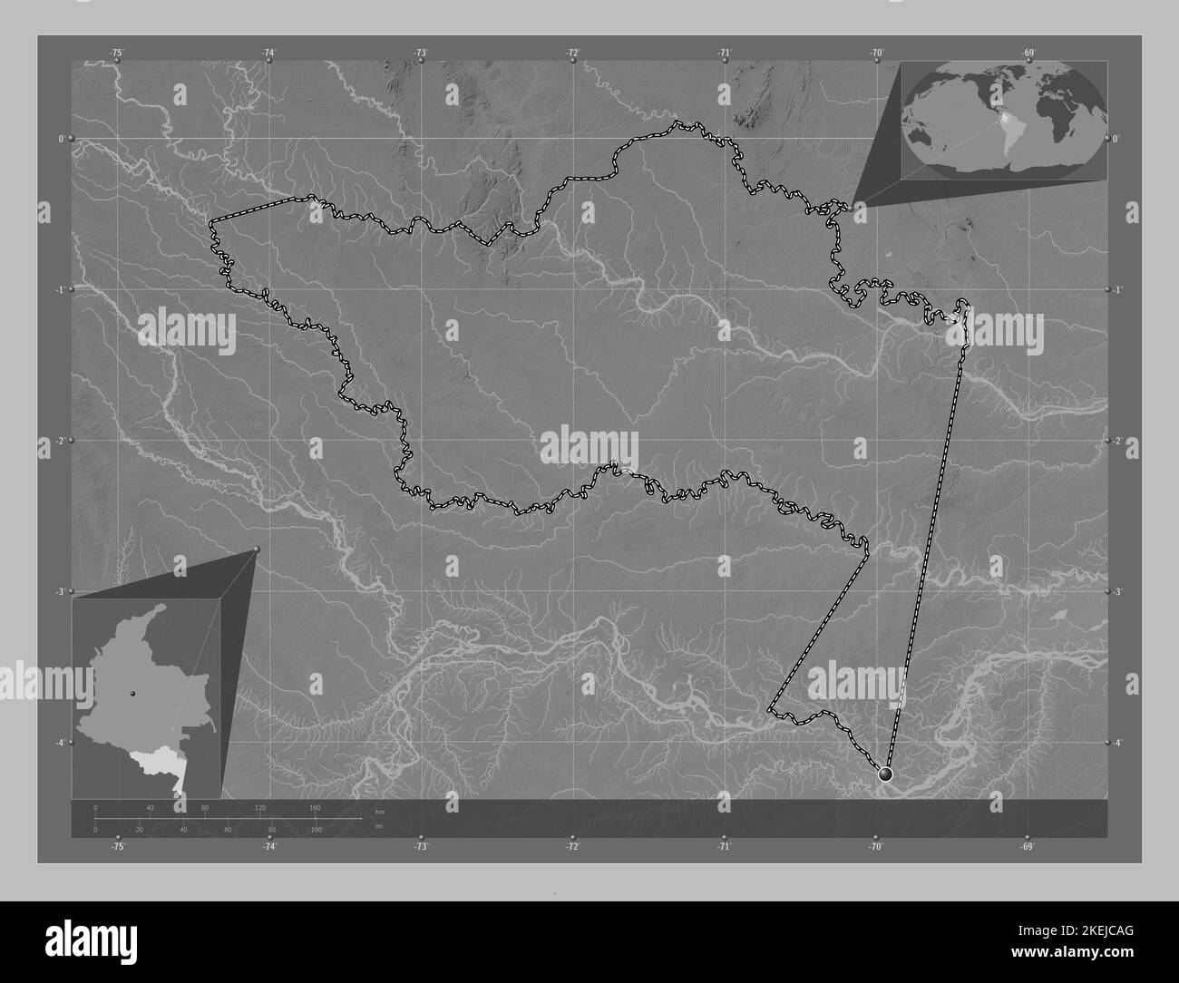 Amazonas, department of Colombia. Grayscale elevation map with lakes ...