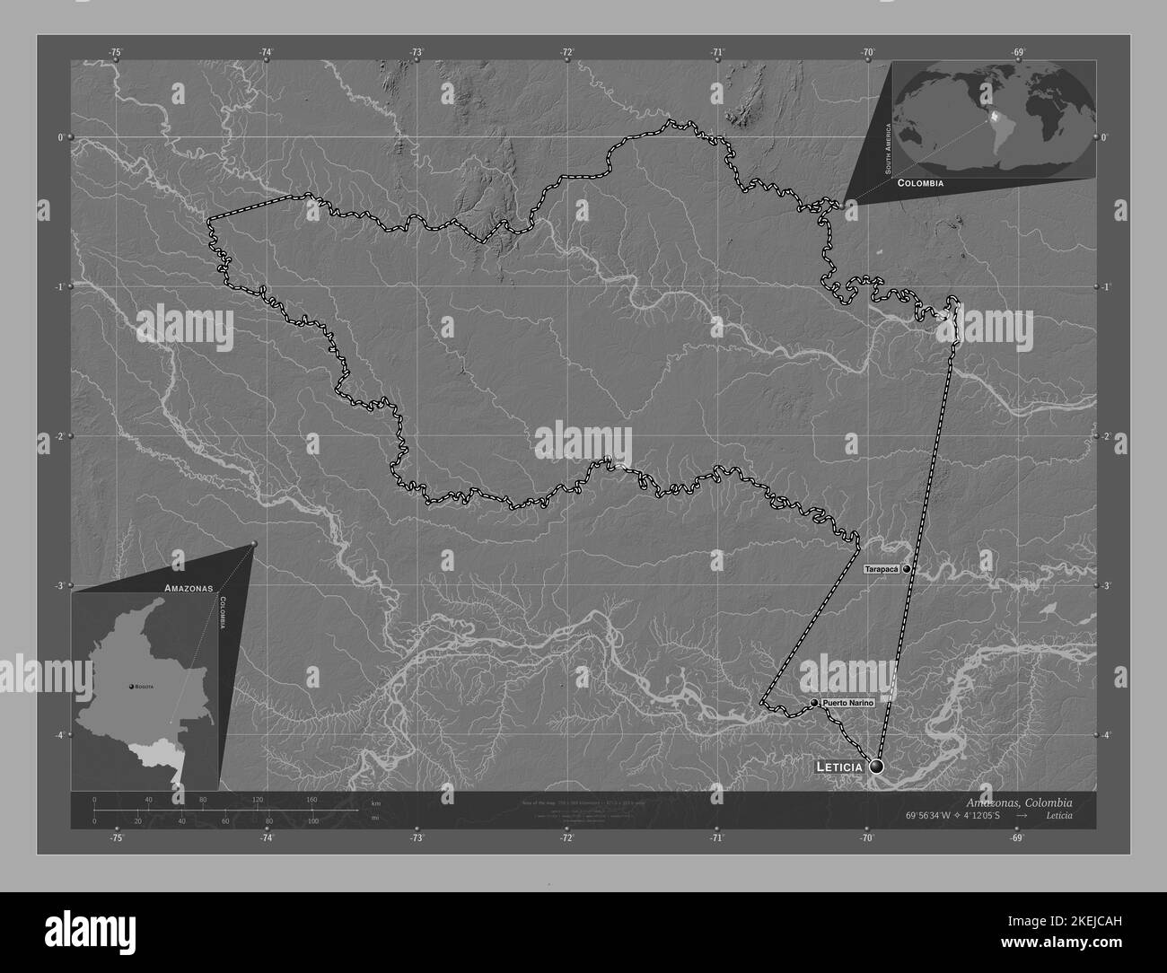 Amazonas, department of Colombia. Bilevel elevation map with lakes and ...