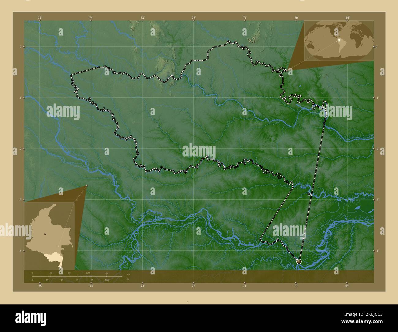 Amazonas, department of Colombia. Colored elevation map with lakes and ...