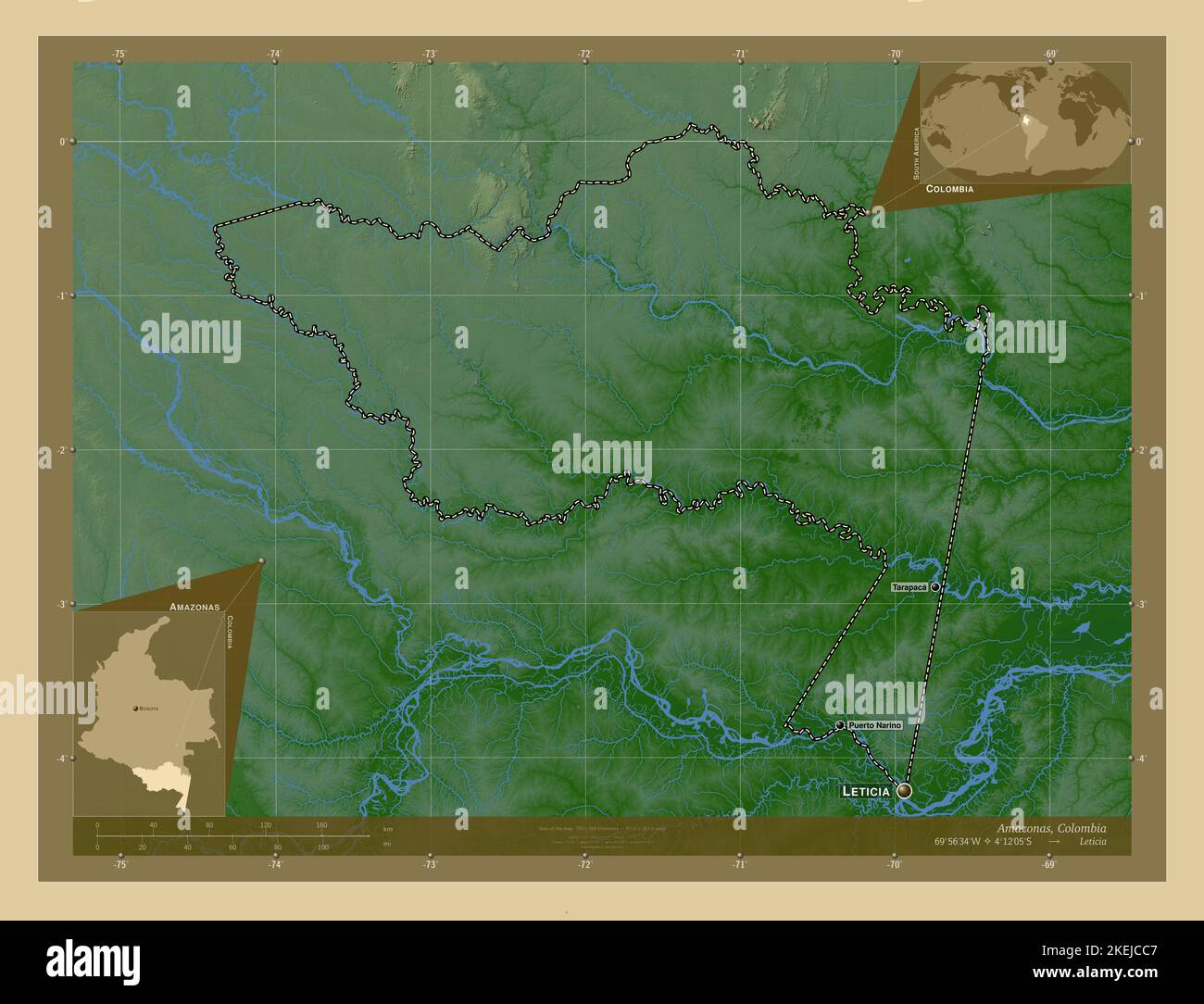 Amazonas, department of Colombia. Colored elevation map with lakes and ...