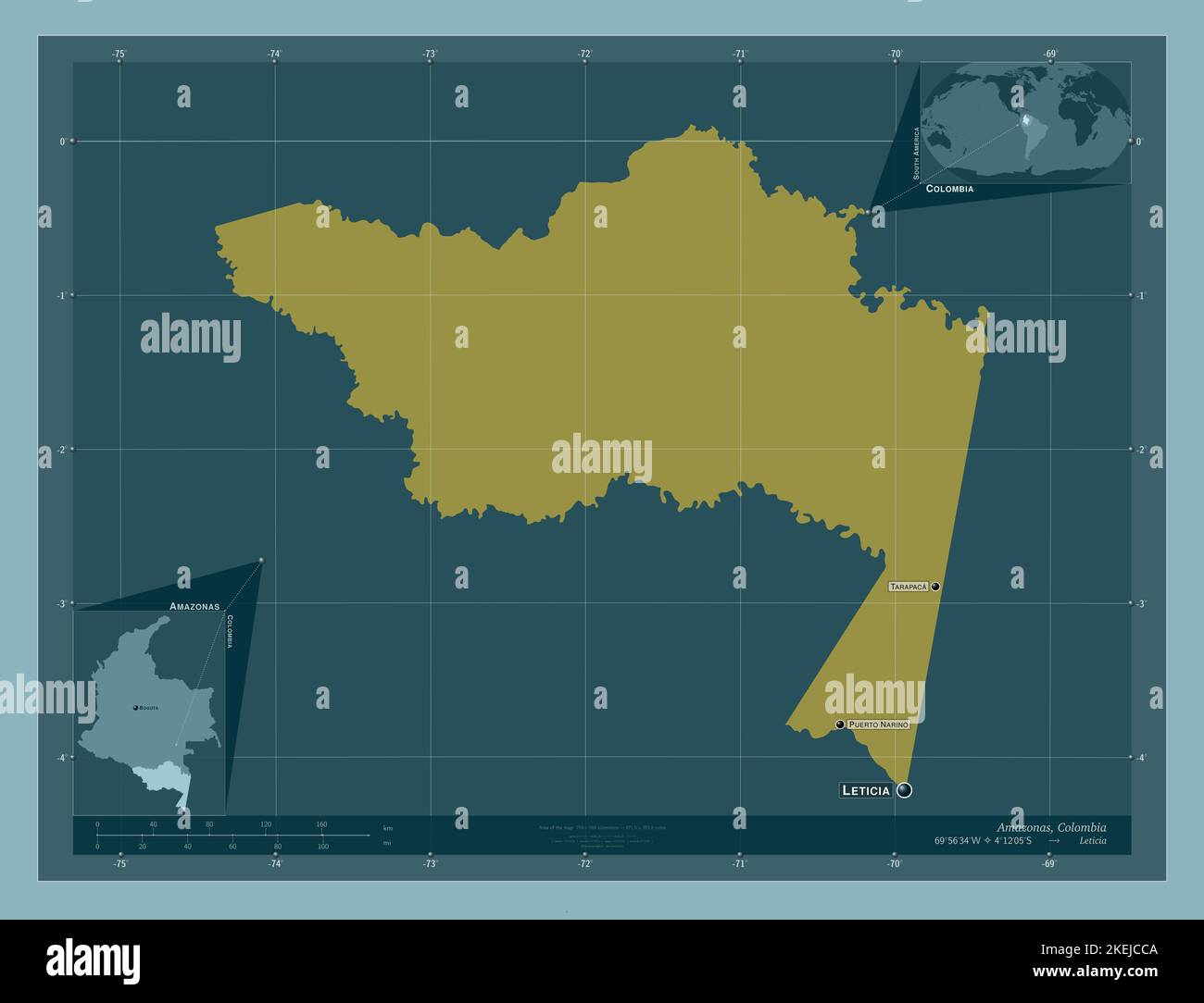 Amazonas, department of Colombia. Solid color shape. Locations and ...