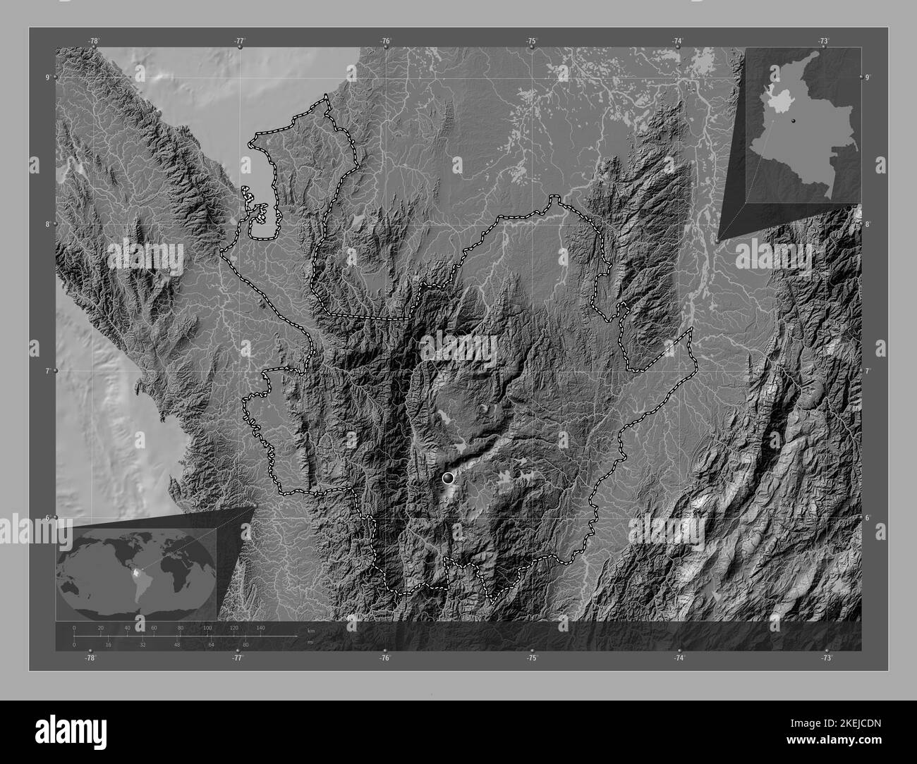 Antioquia, department of Colombia. Bilevel elevation map with lakes and ...