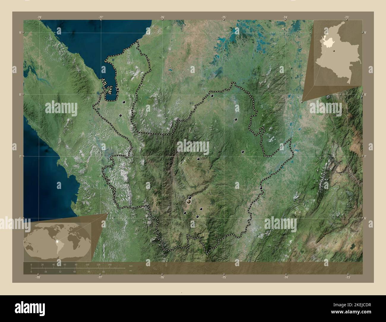 Antioquia, department of Colombia. High resolution satellite map. Locations of major cities of ...