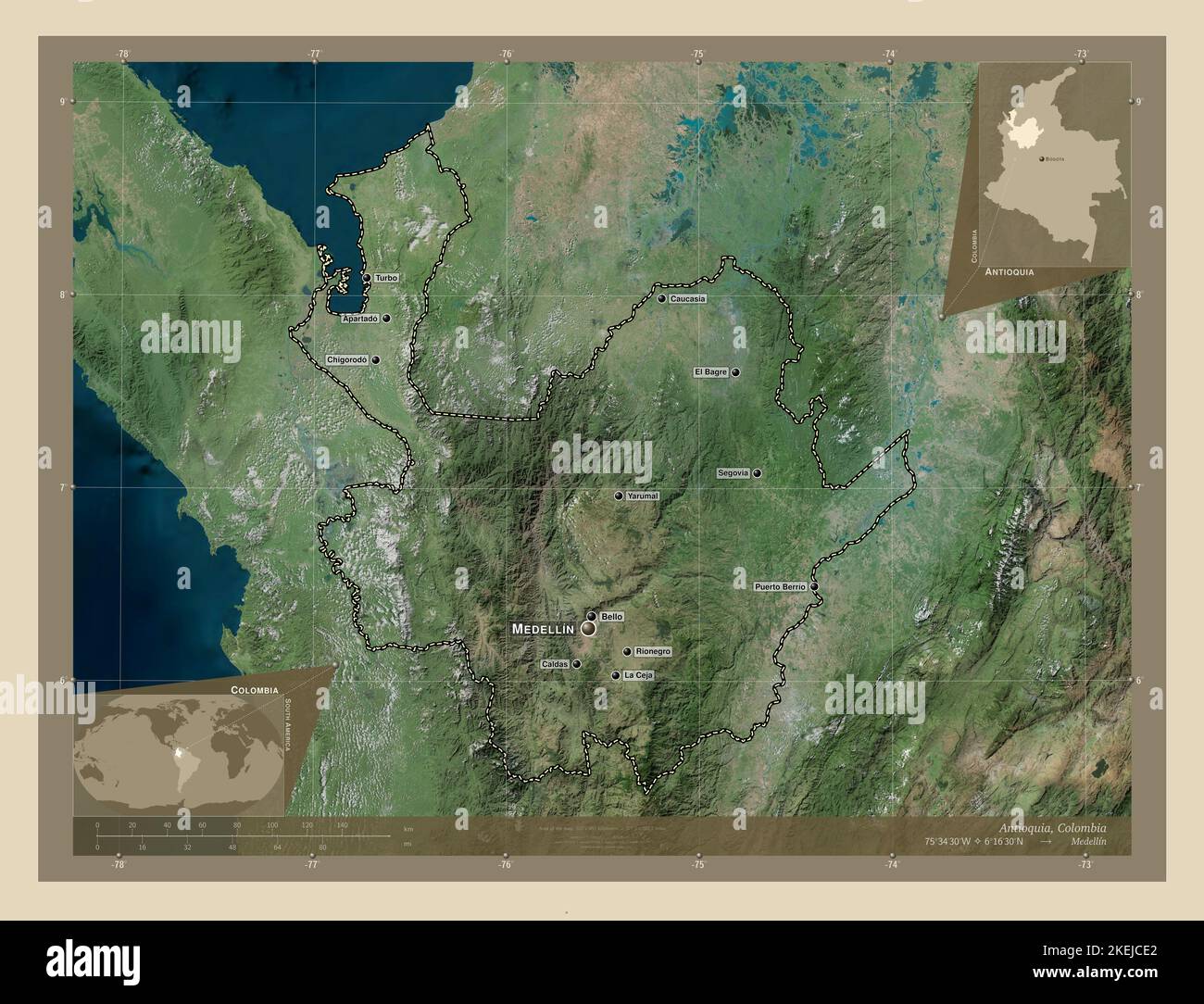 Antioquia, department of Colombia. High resolution satellite map ...