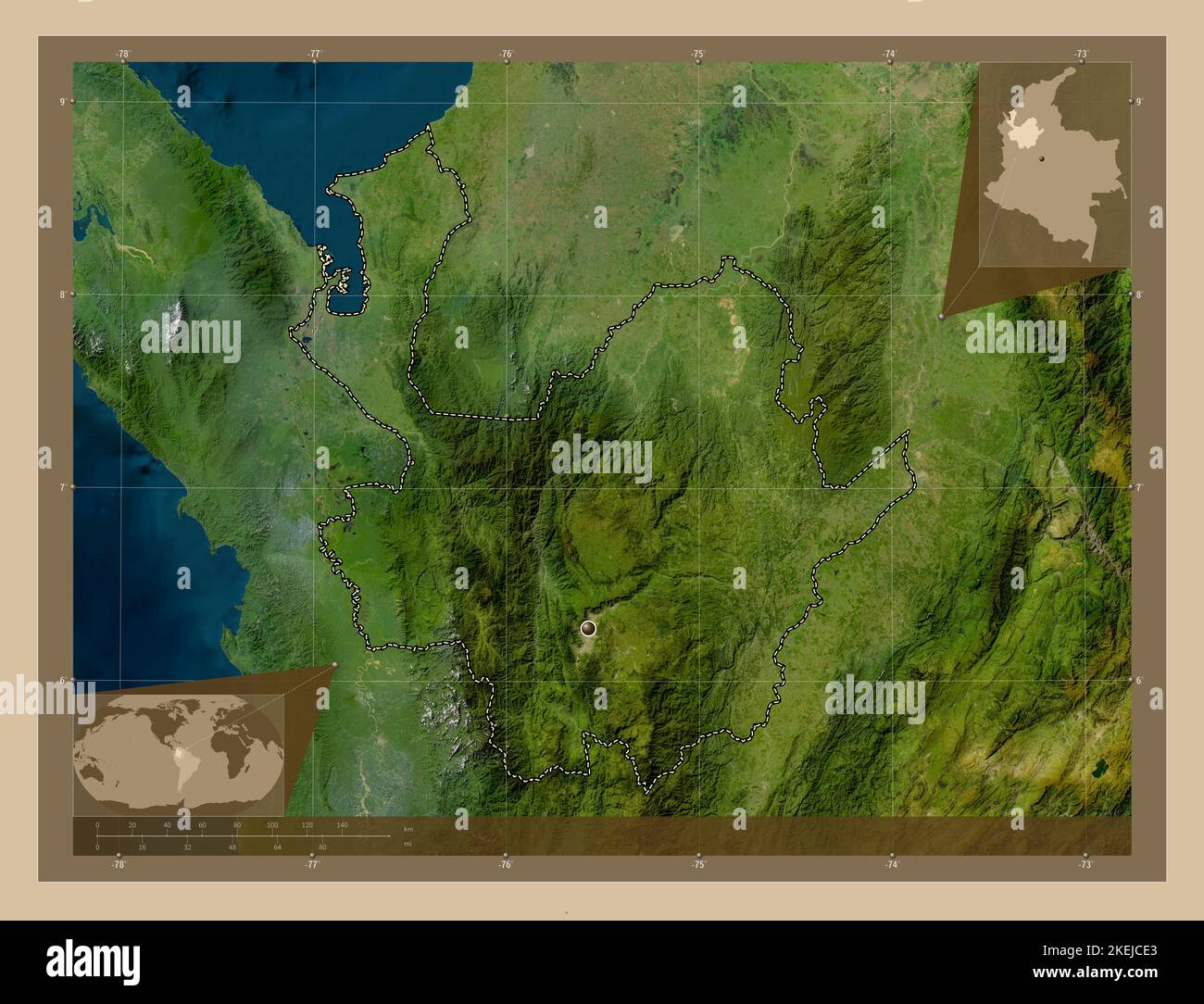 Antioquia, department of Colombia. Low resolution satellite map. Corner ...