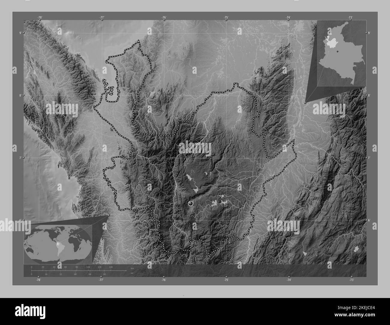 Antioquia, department of Colombia. Grayscale elevation map with lakes ...