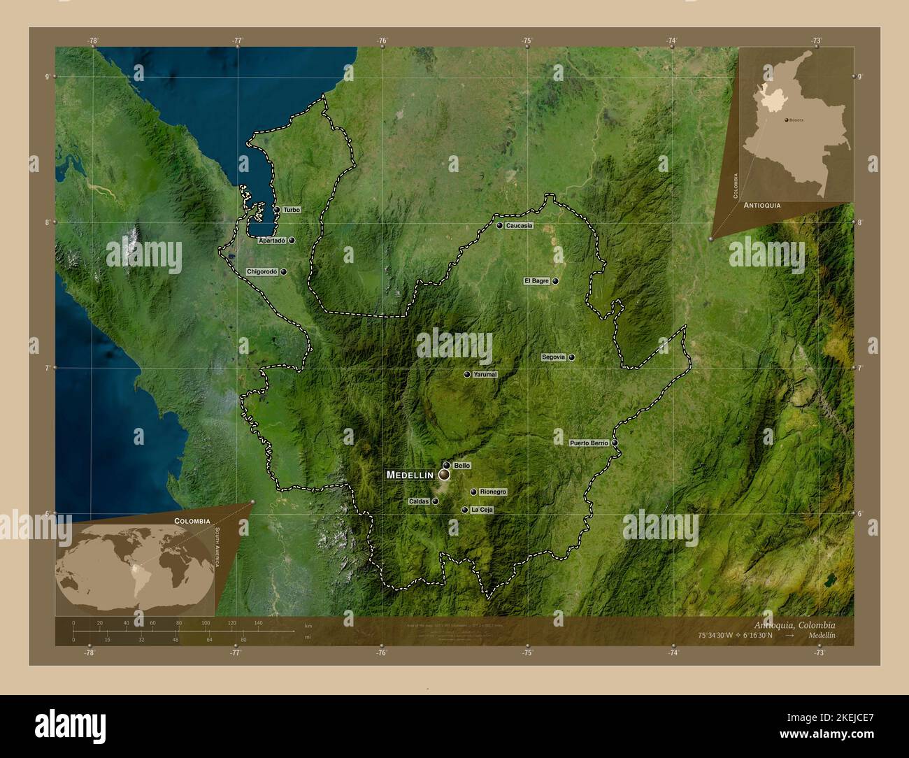 Antioquia, department of Colombia. Low resolution satellite map ...