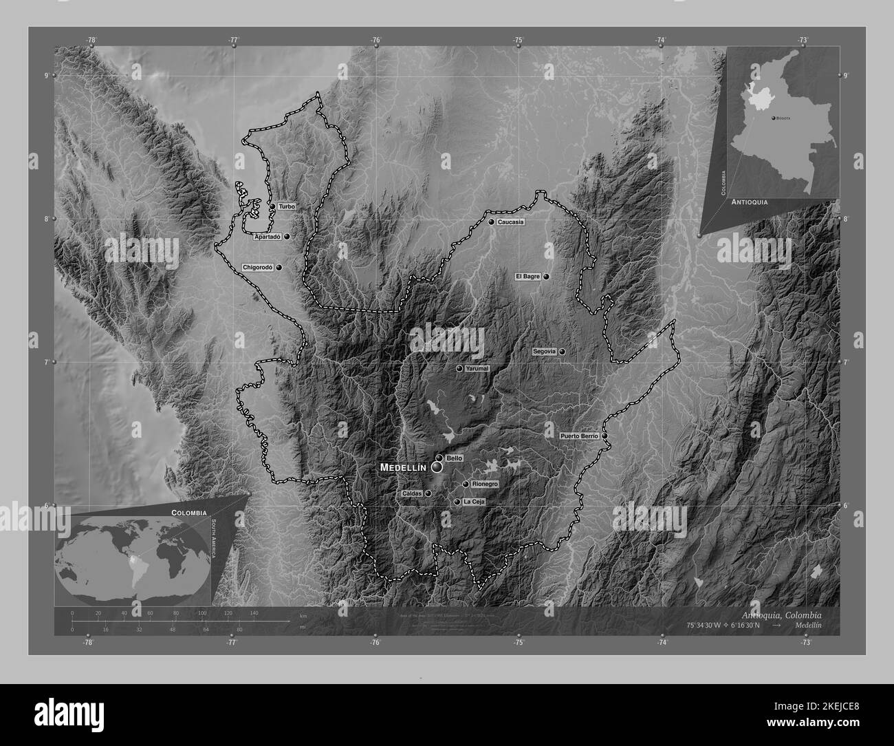 Antioquia, department of Colombia. Grayscale elevation map with lakes and rivers. Locations and ...