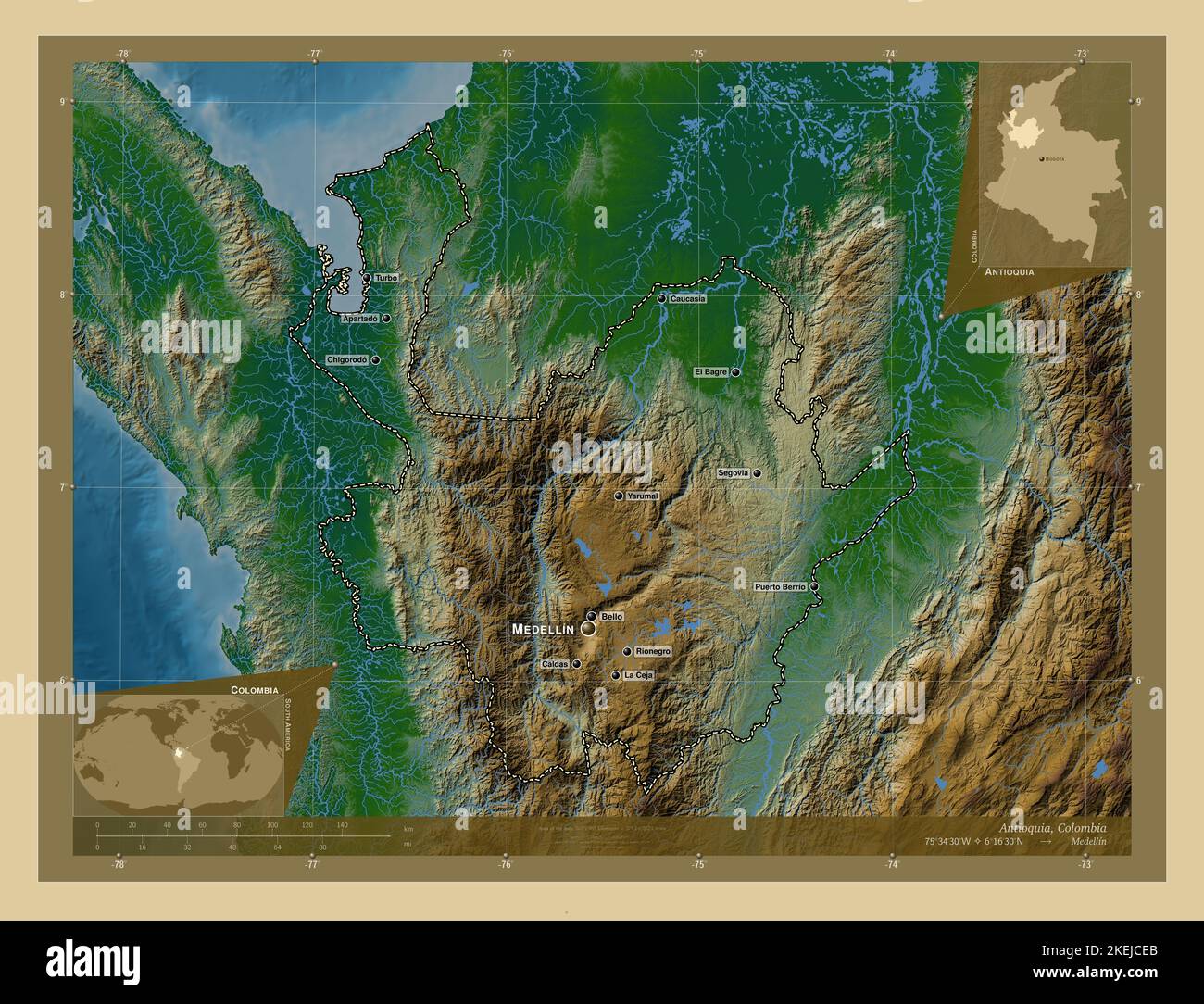 Antioquia, department of Colombia. Colored elevation map with lakes and ...