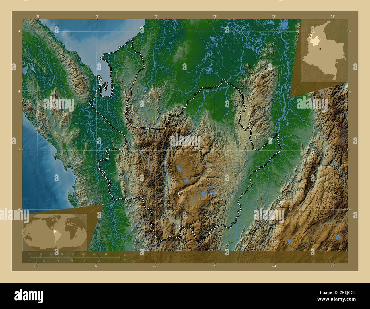 Antioquia, department of Colombia. Colored elevation map with lakes and ...