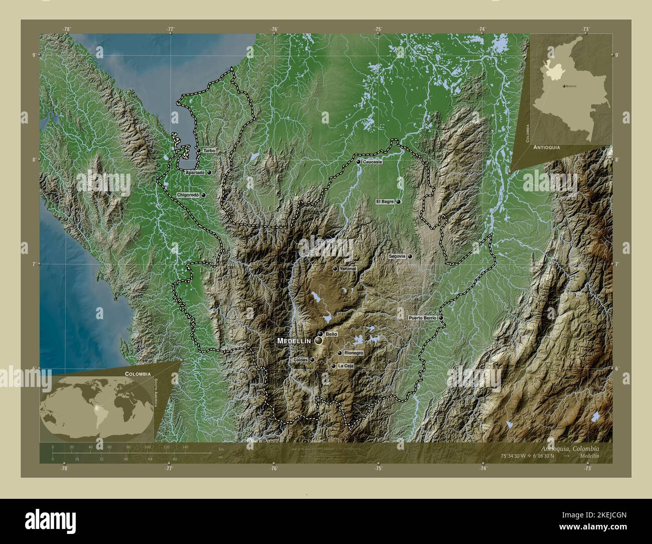 Antioquia, department of Colombia. Elevation map colored in wiki style ...