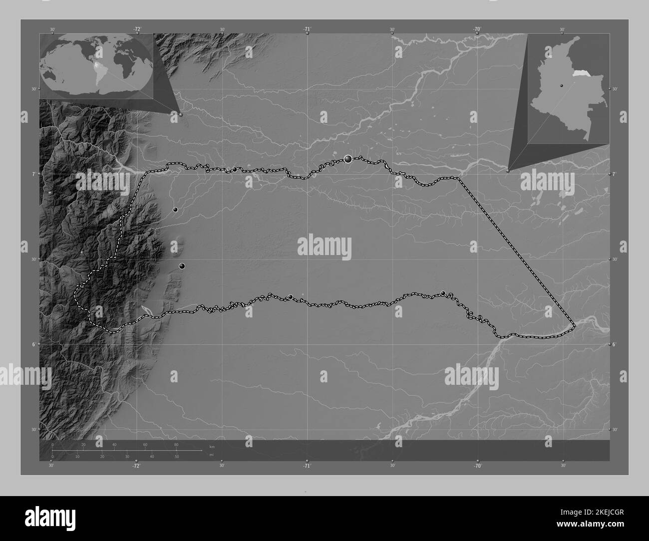 Arauca, intendancy of Colombia. Grayscale elevation map with lakes and ...