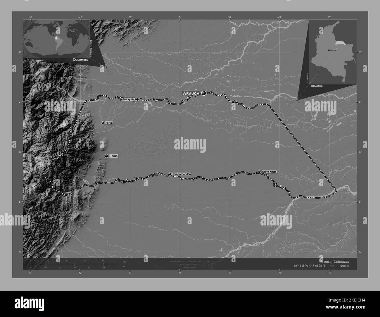 Arauca, intendancy of Colombia. Bilevel elevation map with lakes and ...