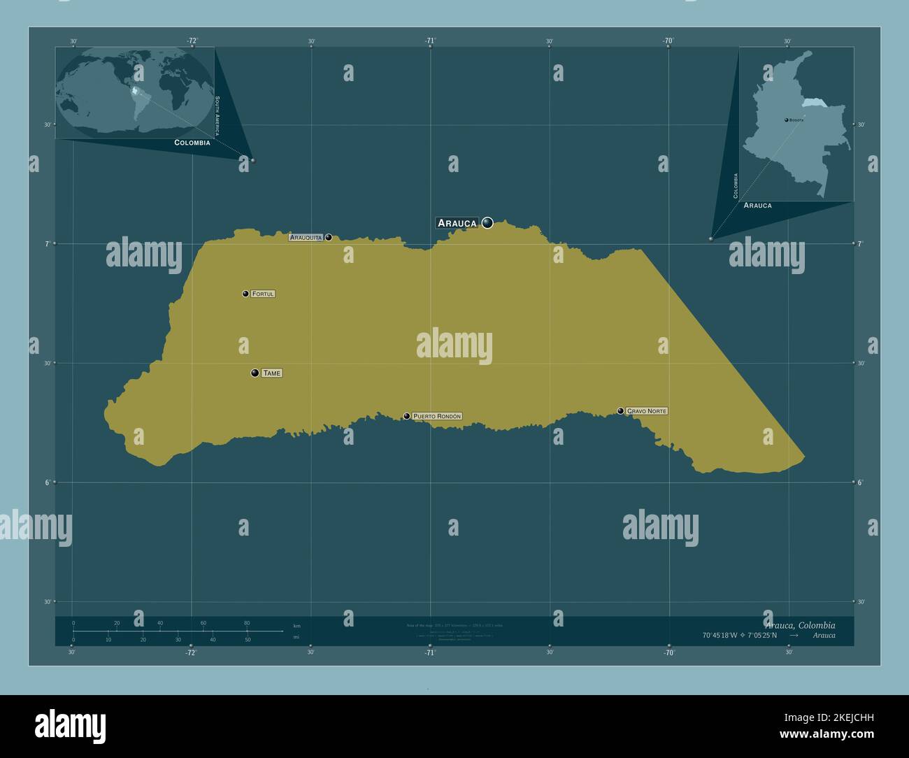 Arauca, intendancy of Colombia. Solid color shape. Locations and names ...