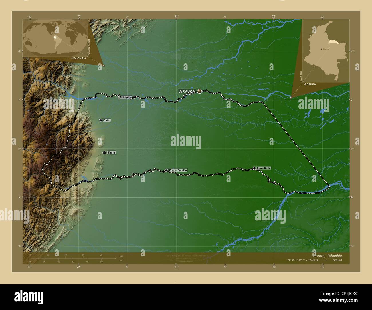 Arauca, intendancy of Colombia. Colored elevation map with lakes and ...